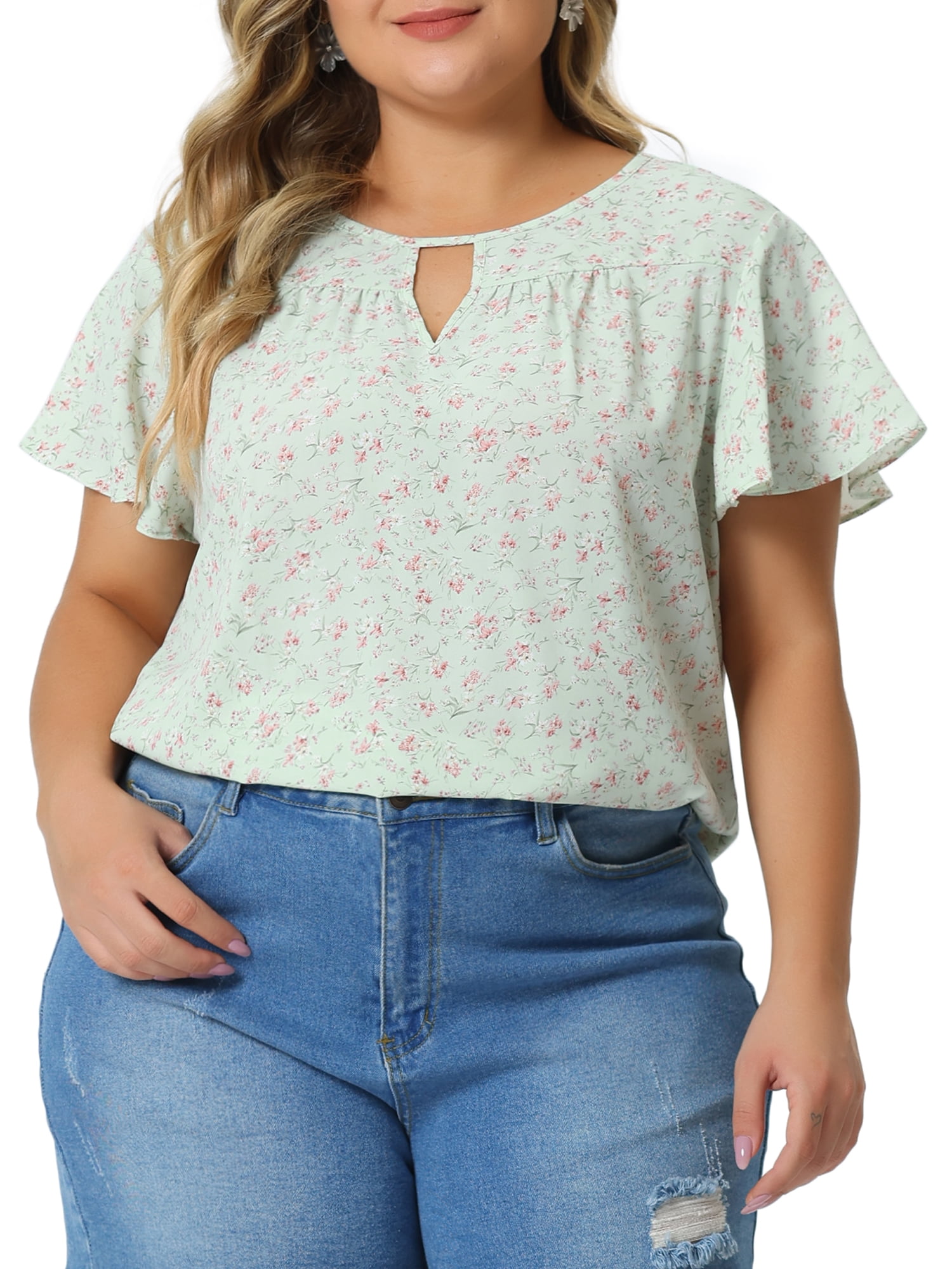 GRACE & GRANDEUR Women's Plus Size Chiffon Blouse, Keyhole Neck, Short ...