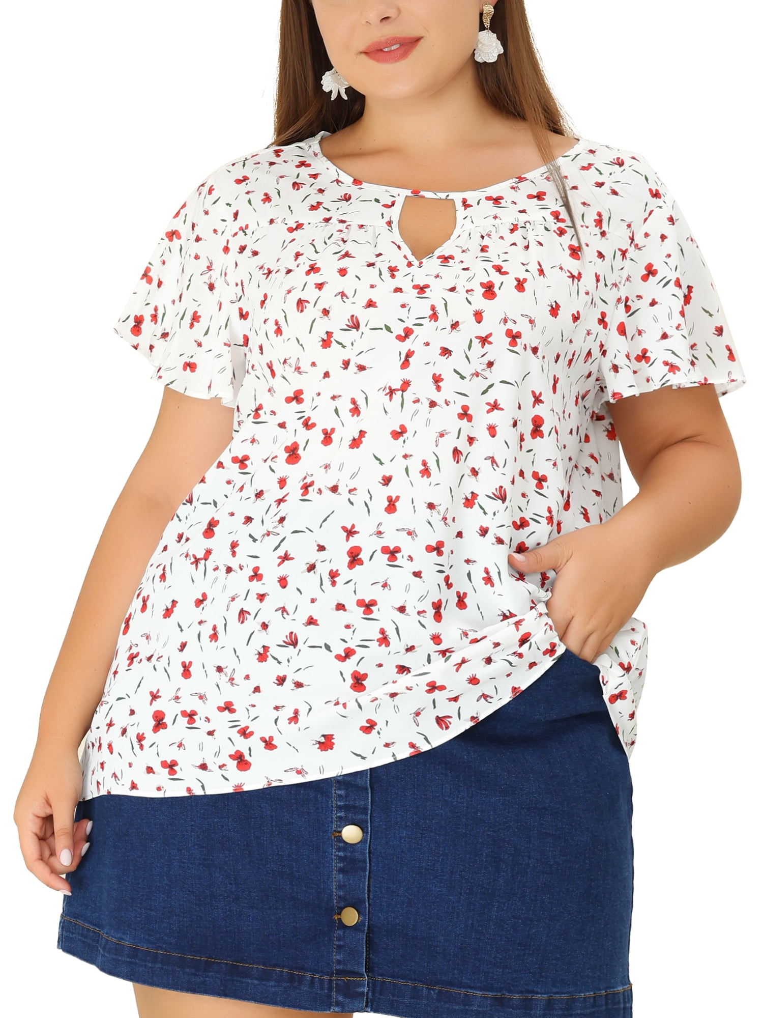 GRACE & GRANDEUR Women's Plus Size Chiffon Top, Keyhole Neck, Flared ...