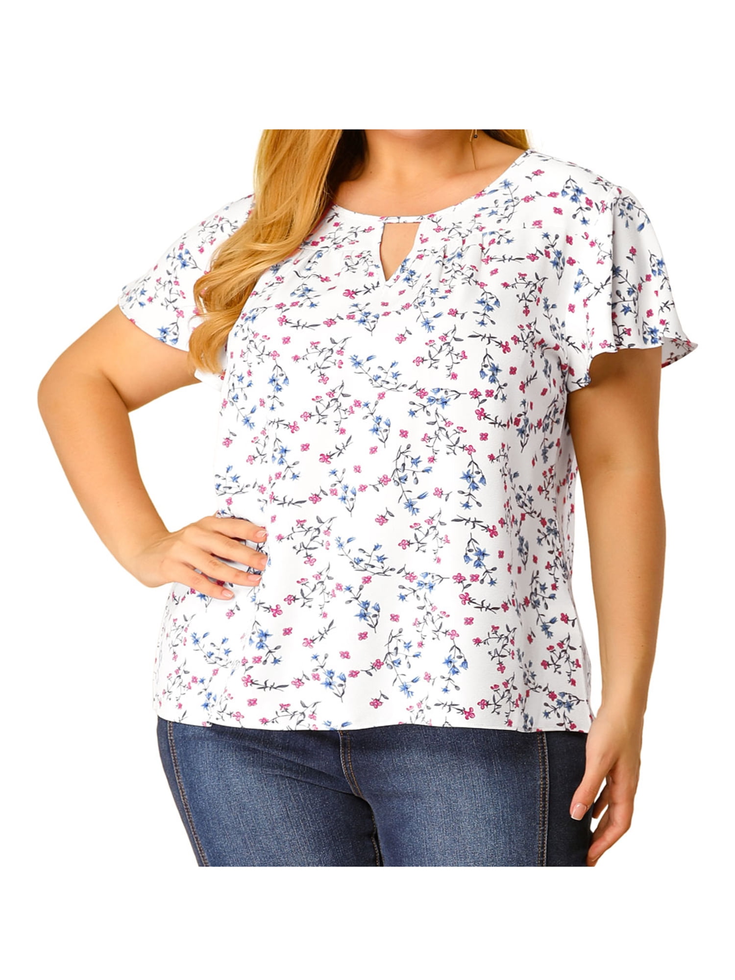 Agnes Orinda Women's Plus Size Shirts Chiffon Tops Keyhole Flared Short ...