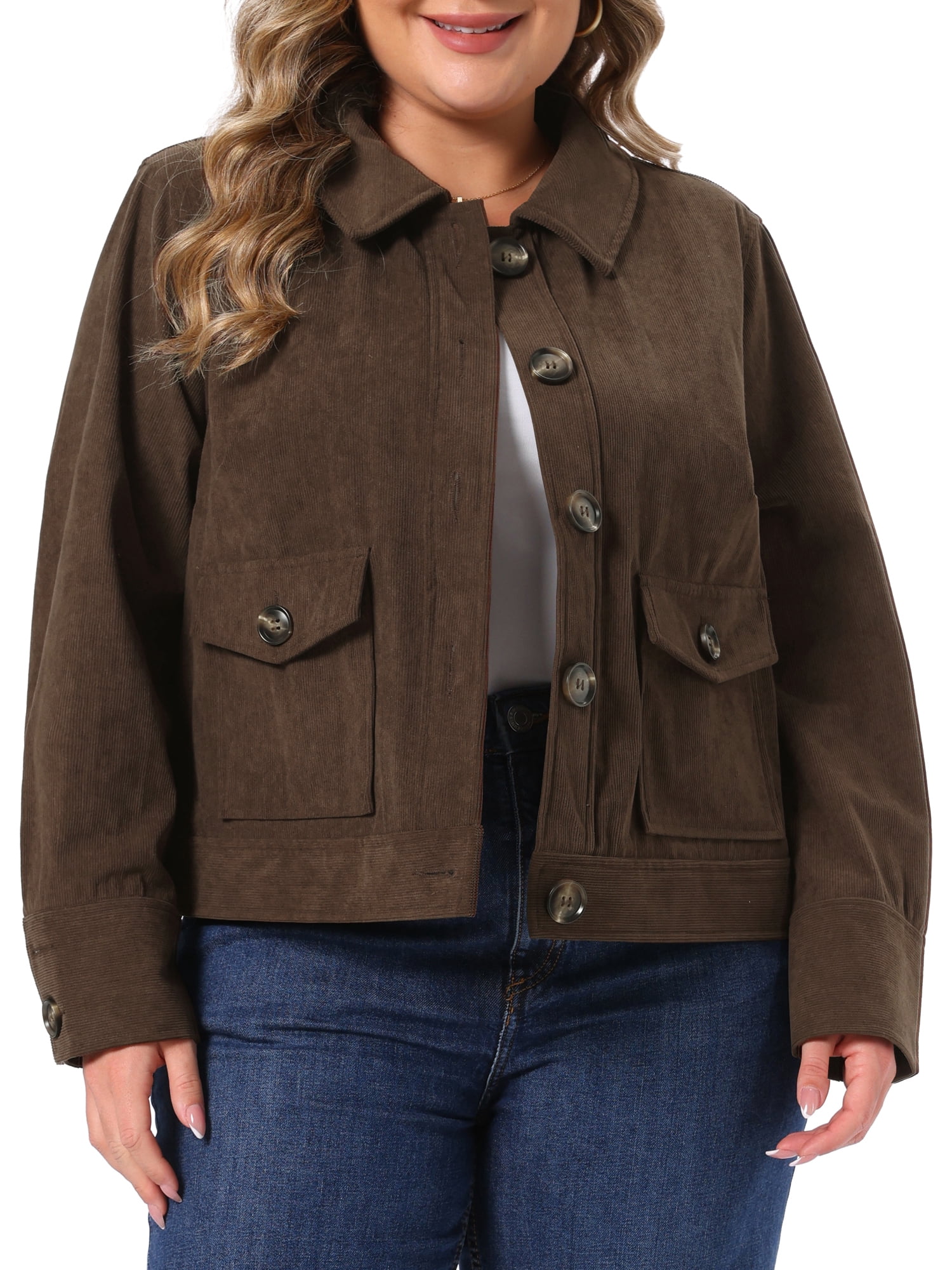 Agnes Orinda Women's Plus Size Short Jacket Lapel Button Down Long ...