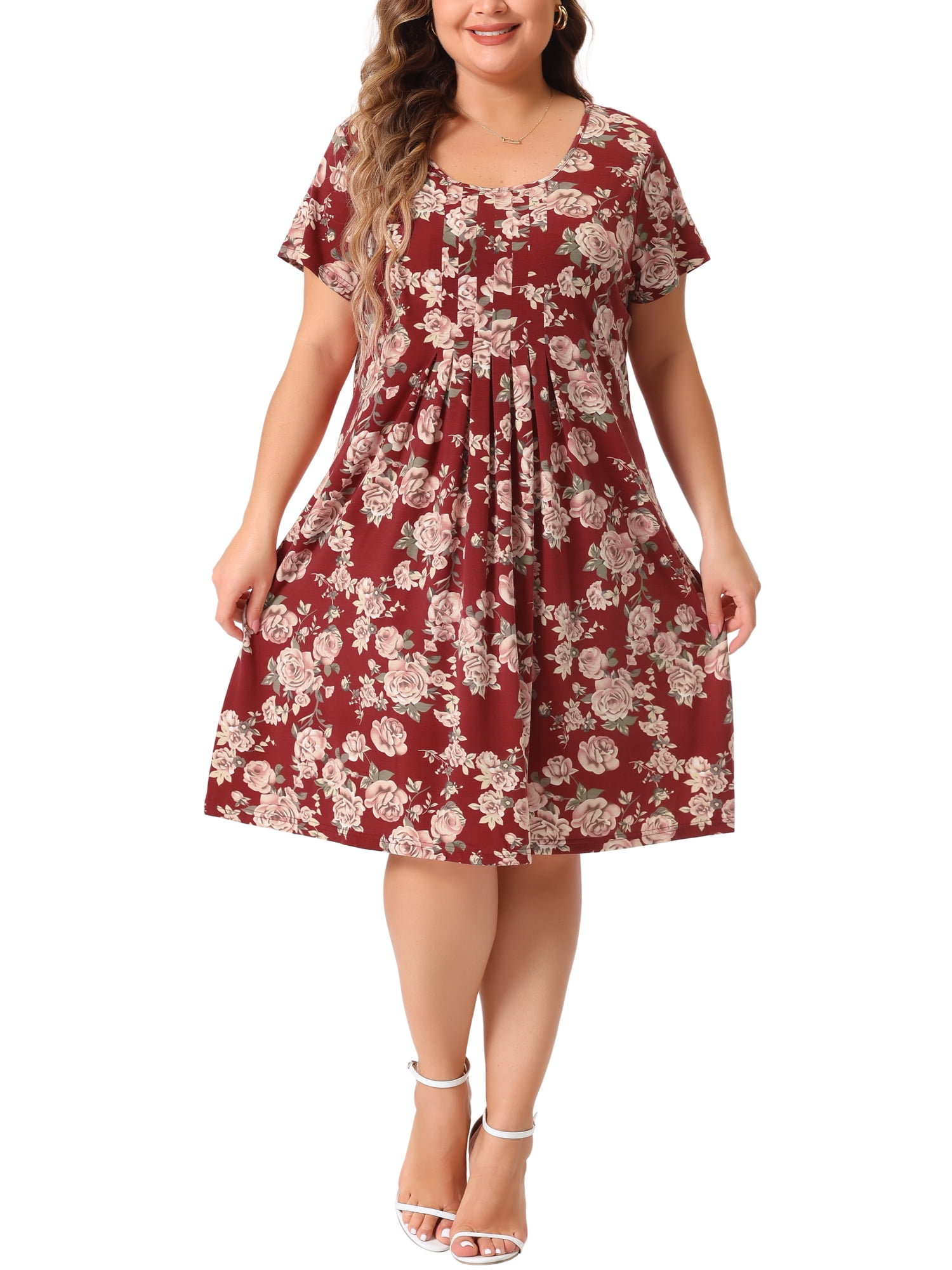GRACE & GRANDEUR Women's Plus Size Midi Dress, Short Sleeve, Round Neck ...