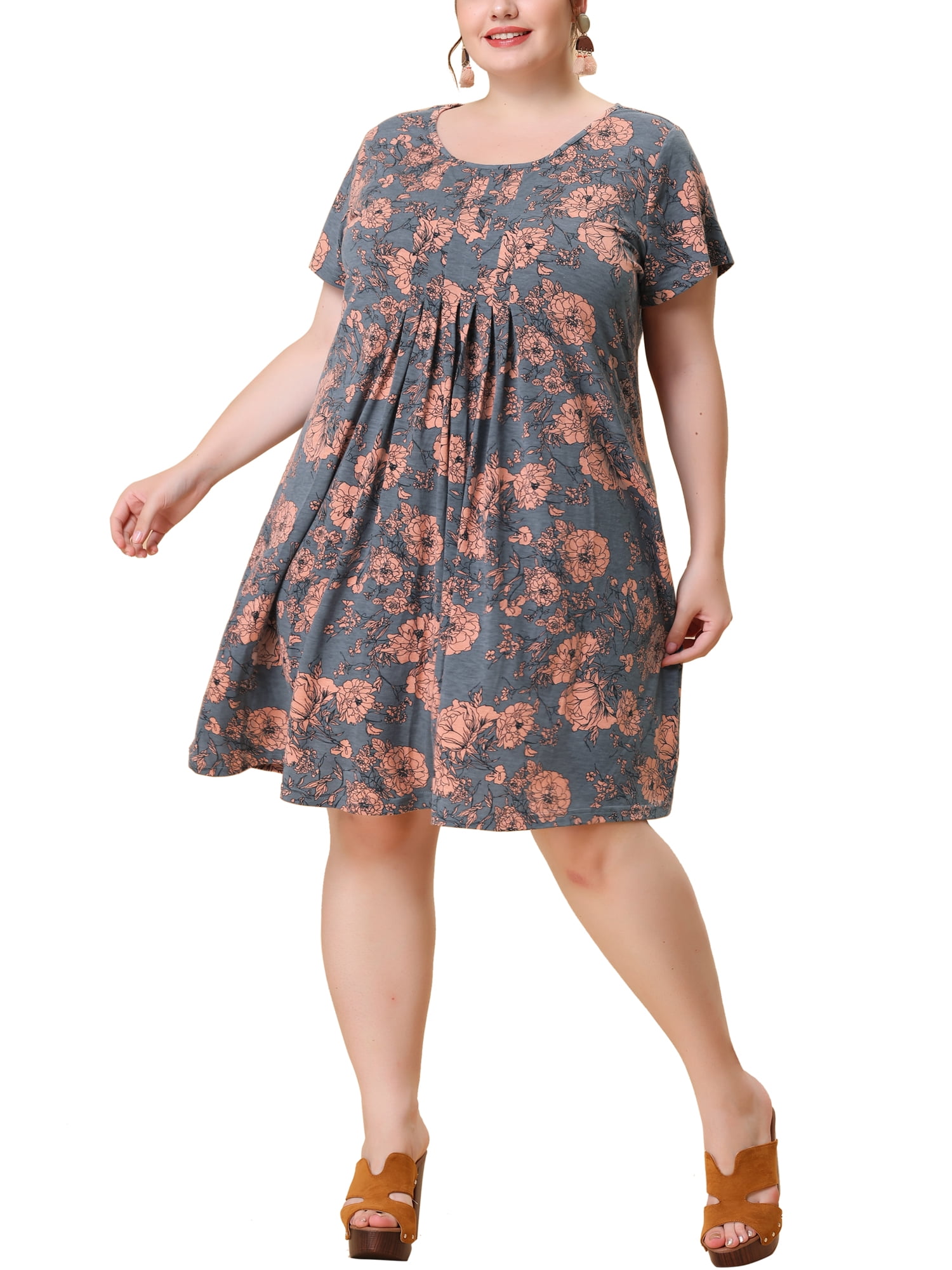 Agnes Orinda Floral Print Babydoll Midi Dress Women's Plus Size, Short ...