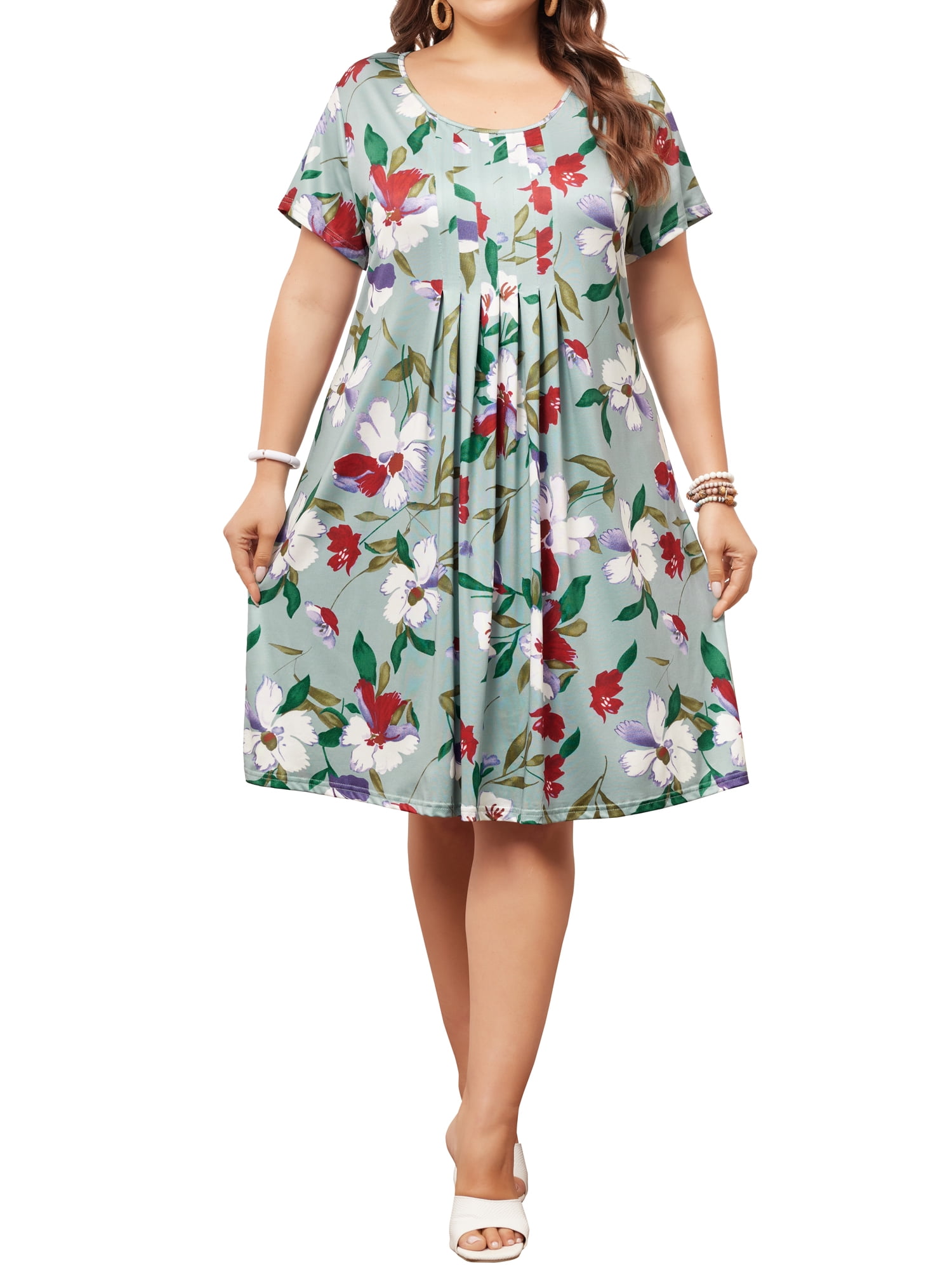 GRACE & GRANDEUR Women's Plus Size Crew Neck Short Sleeves Floral Pleated Summer Midi Dress 4X ...