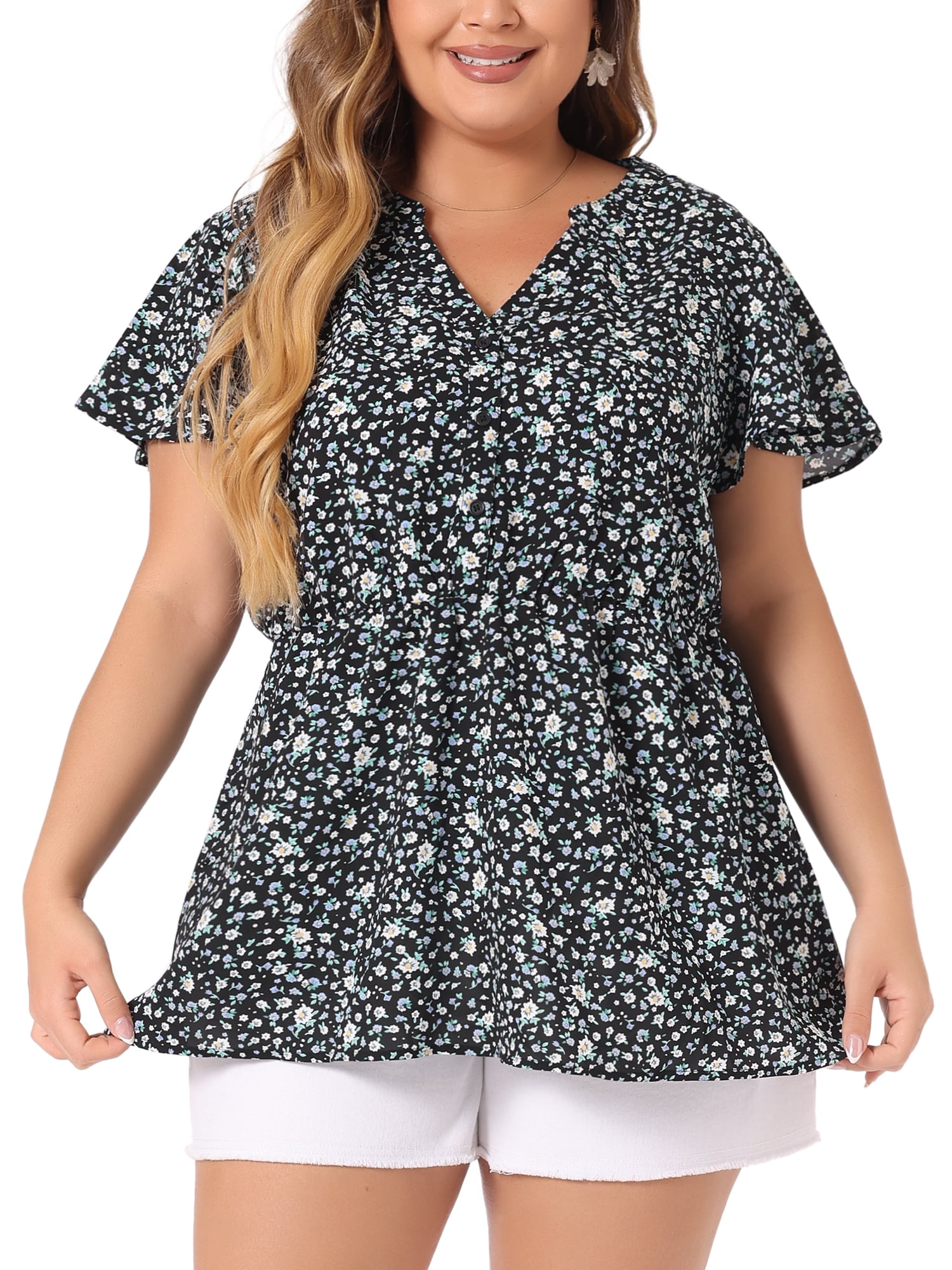Agnes Orinda Womens Plus Size Short Sleeve Smocked Waist V Neck Ditsy