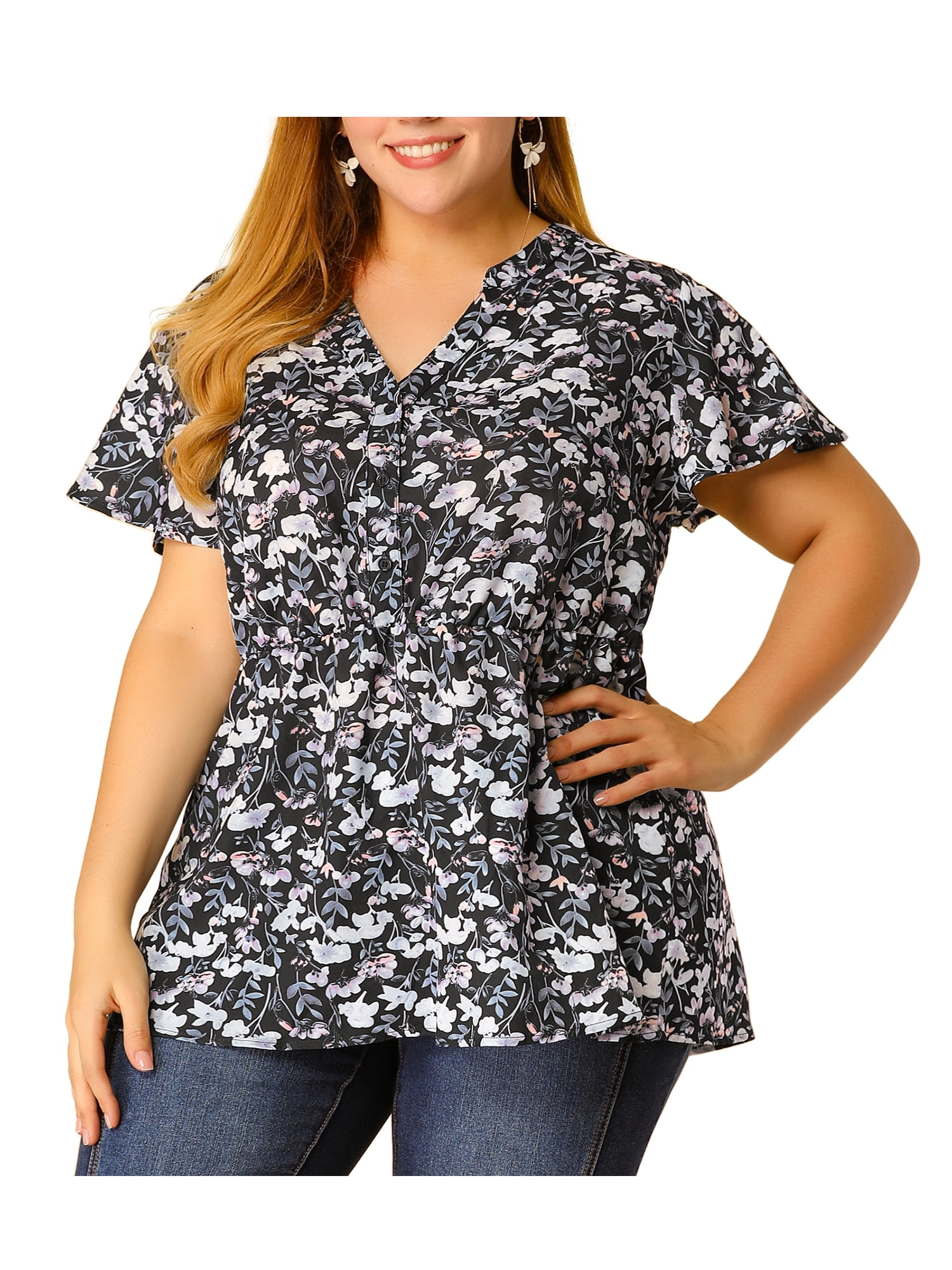 Agnes Orinda Womens Plus Size Short Sleeve Smocked Waist V Neck Ditsy