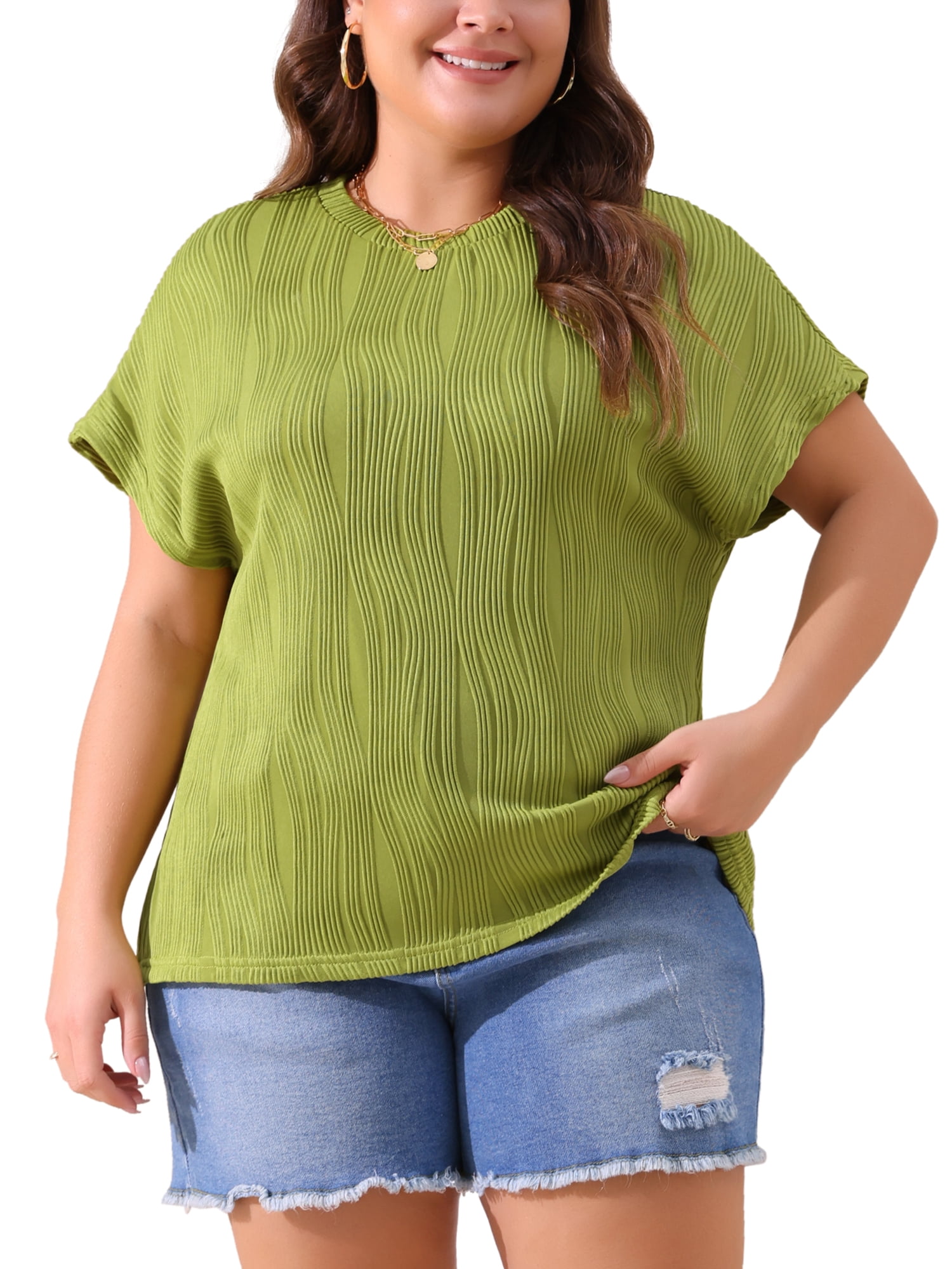 Agnes Orinda Women's Plus Size Tops Textured Crew Neck Short Sleeve ...