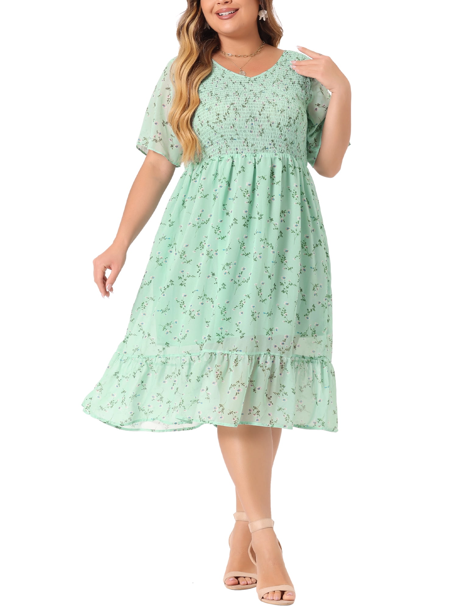 Agnes Orinda Women's Plus Size Smocked Elegant Floral Midi Flare ...