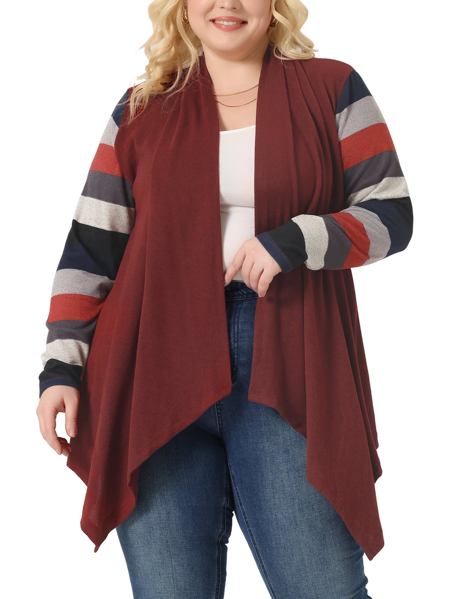 Agnes Orinda Women's Plus Size Stripe Print Long Sleeve Knit Cardigan 2X Caramel Red - Walmart.com