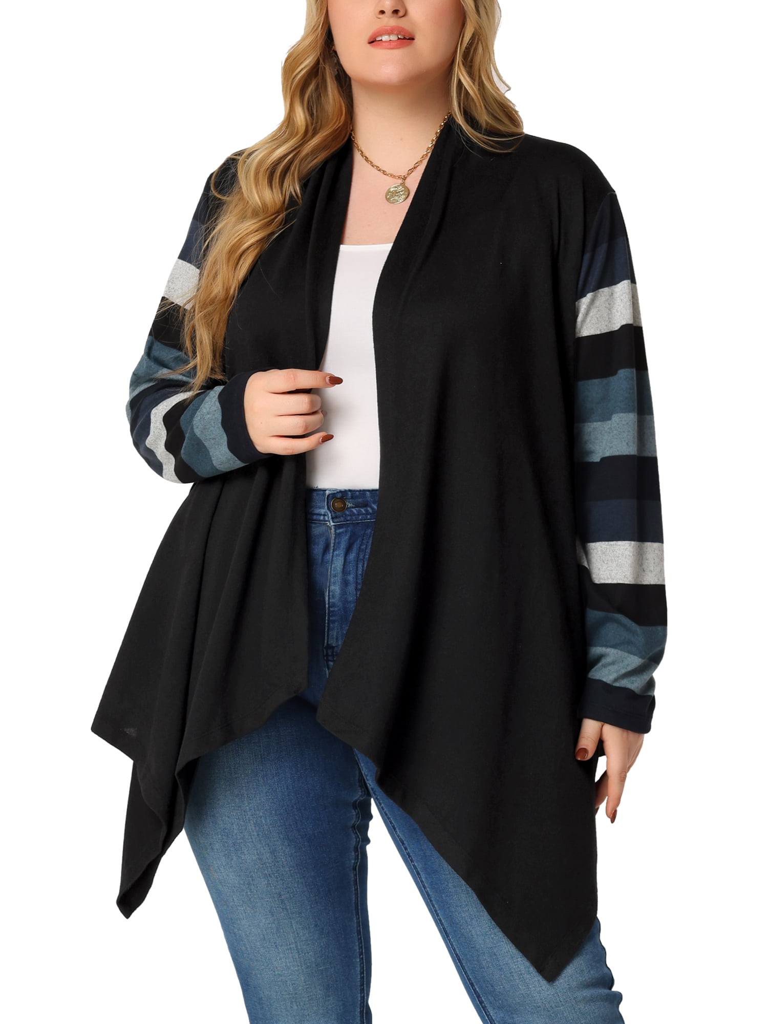 Agnes Orinda Women's Plus Size Stripe Print Long Sleeve Knit Cardigan 4X Black - Walmart.com