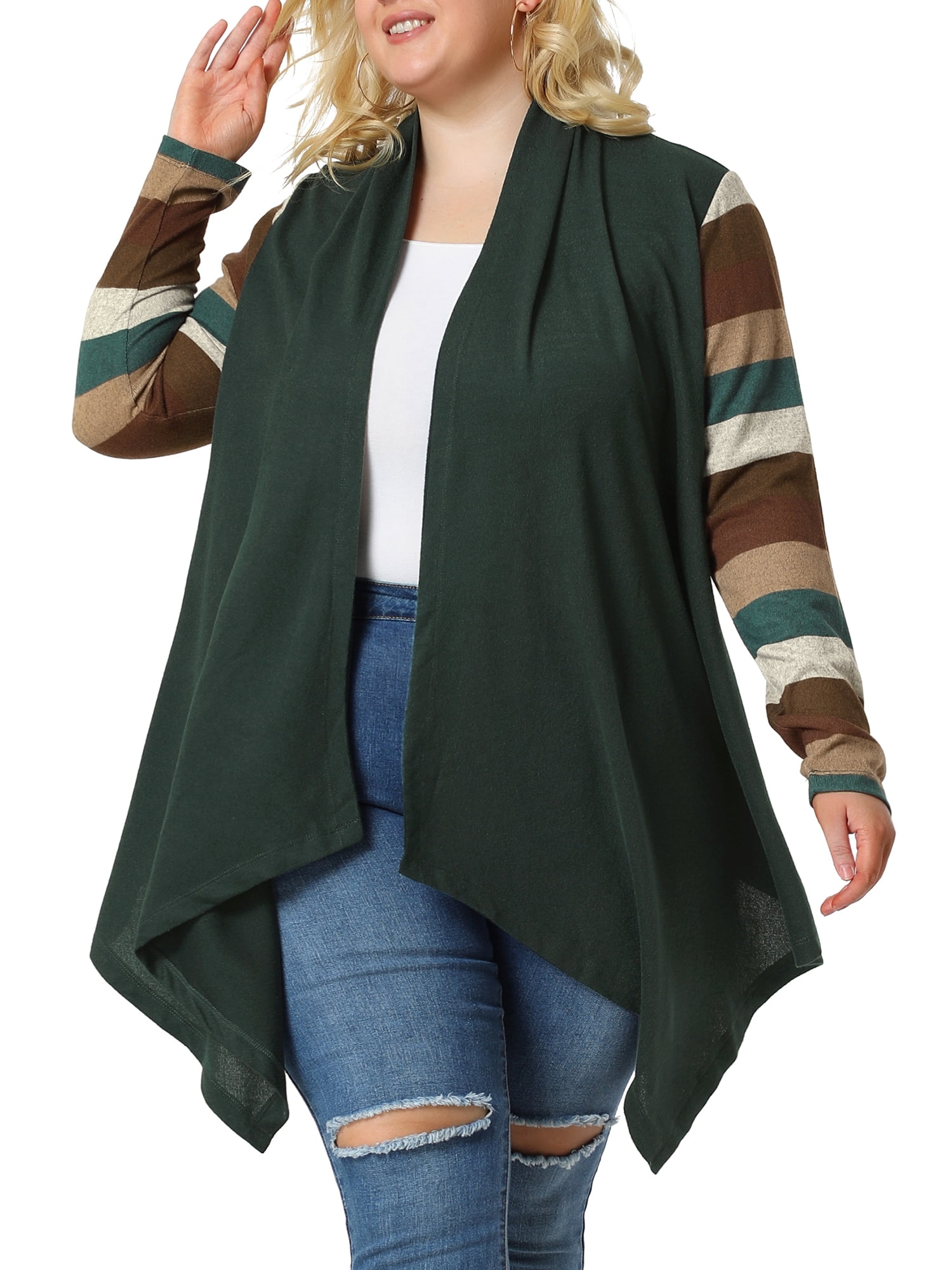 GRACE & GRANDEUR Women's Plus Size Stripe Print Long Sleeve Knit Cardigan 4X Dark Green ...