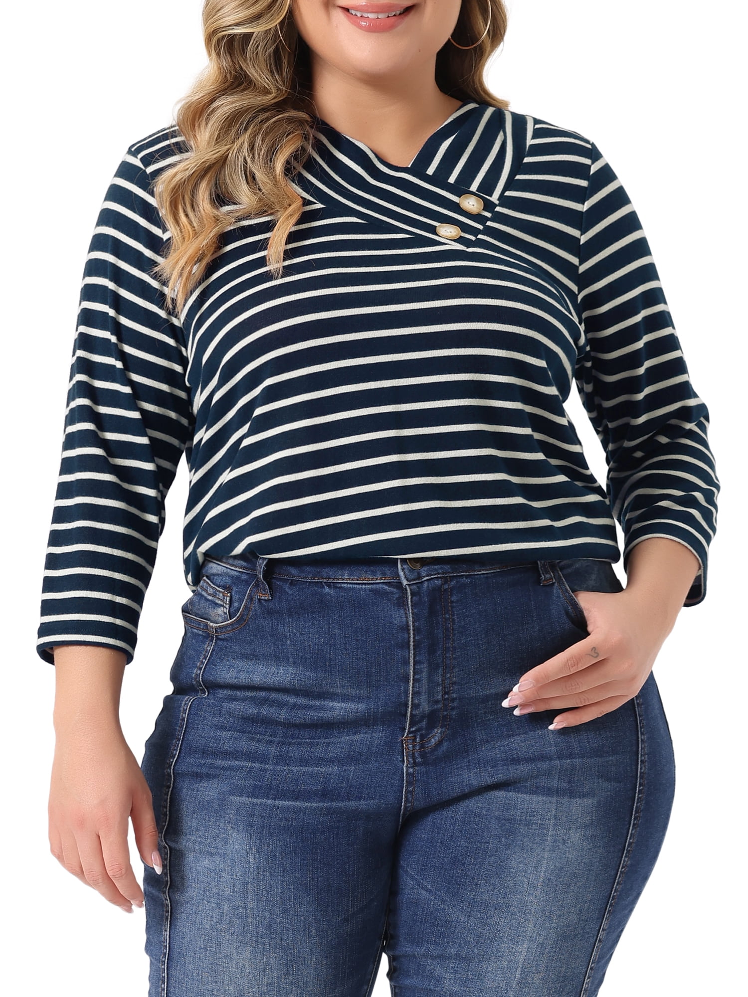 Agnes Orinda Women's Plus Size Stripe Knitted Boho 3/4 Sleeve V Neck Top - Walmart.com