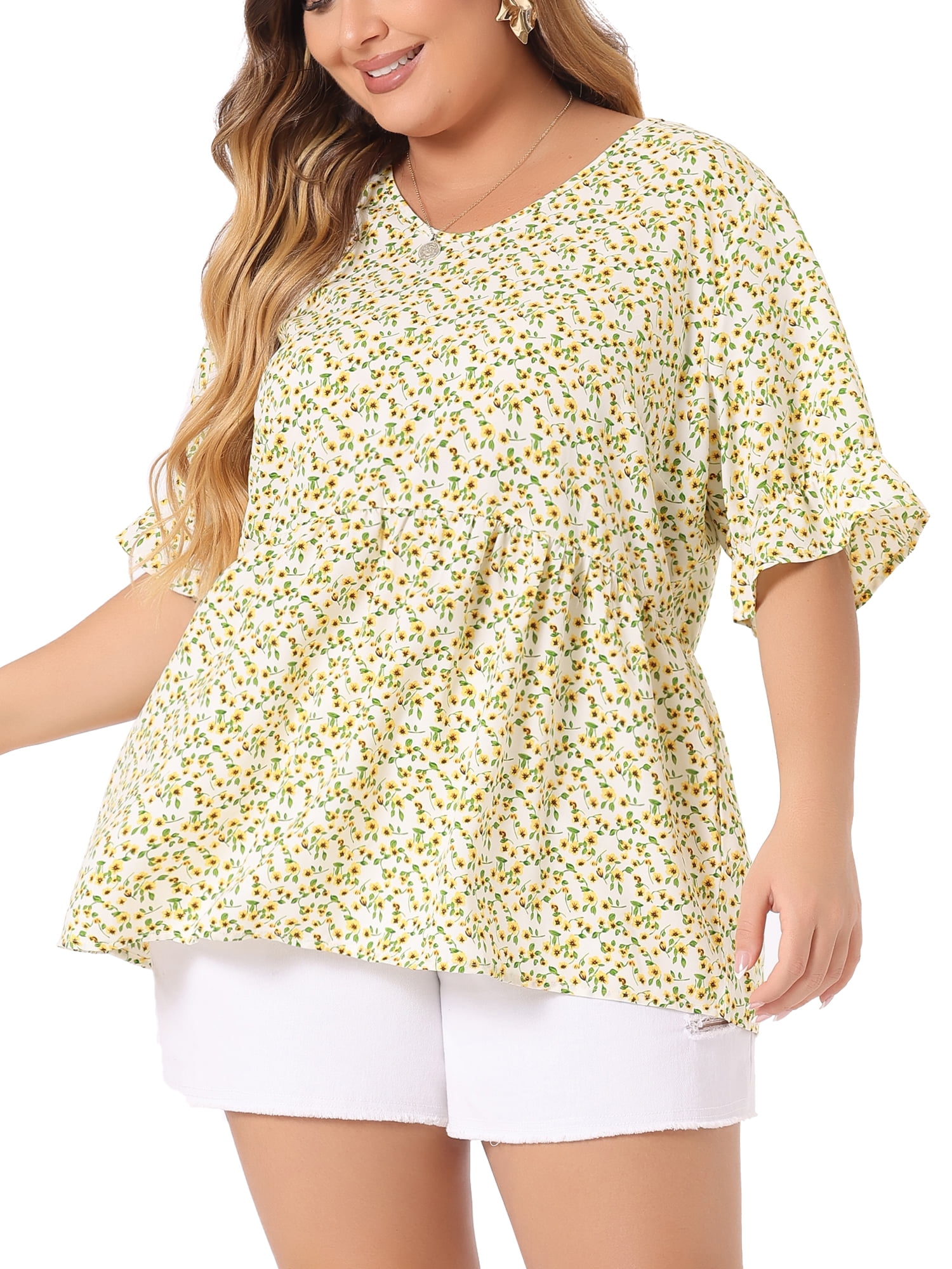 Agnes Orinda Women's Plus Size Floral Ruffle Sleeve Summer Babydoll Blouses 2X Light Yellow ...