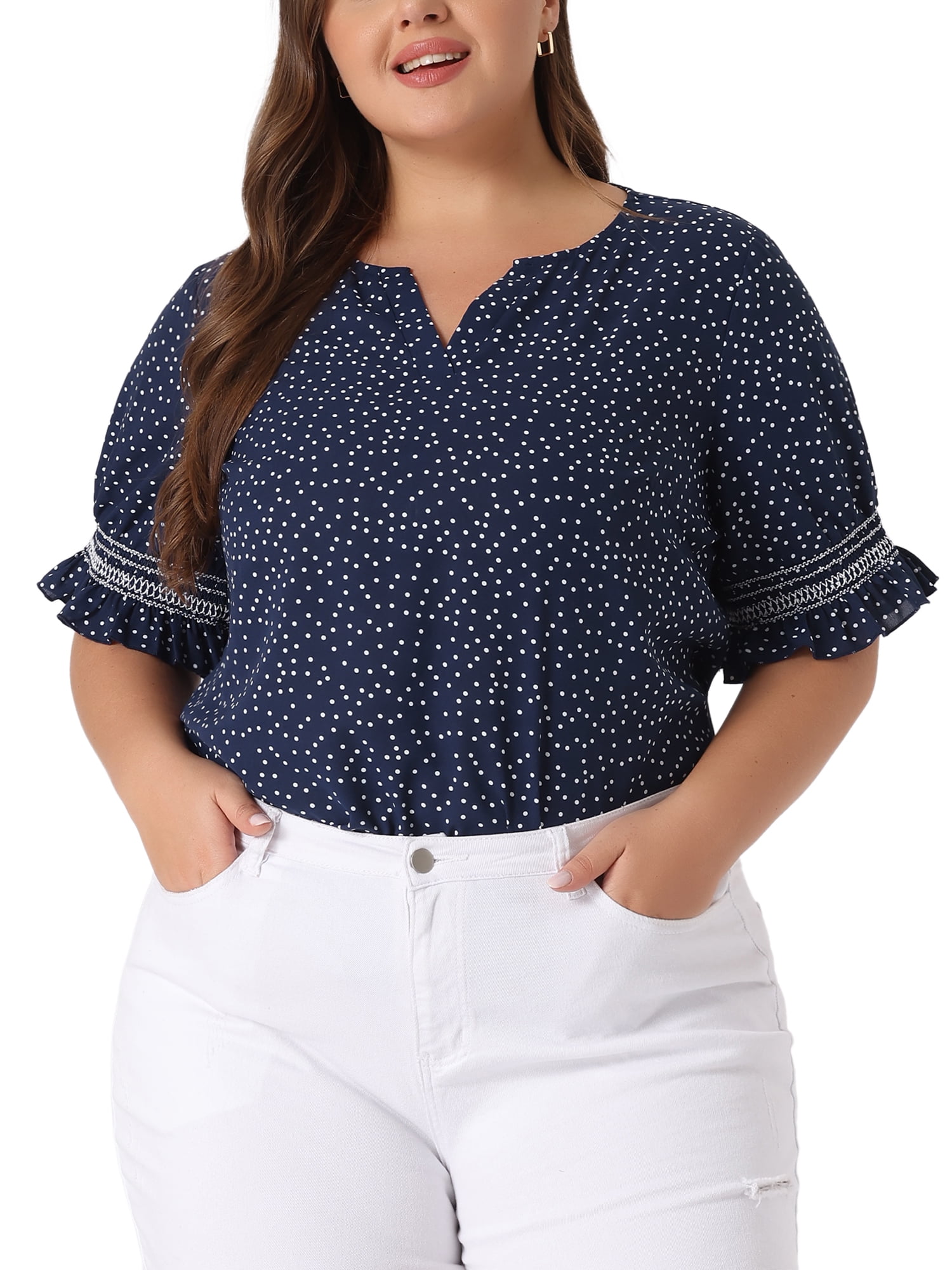Agnes Orinda Women's Plus Size Ruffle Short Sleeve Blouses Pin Dots V ...