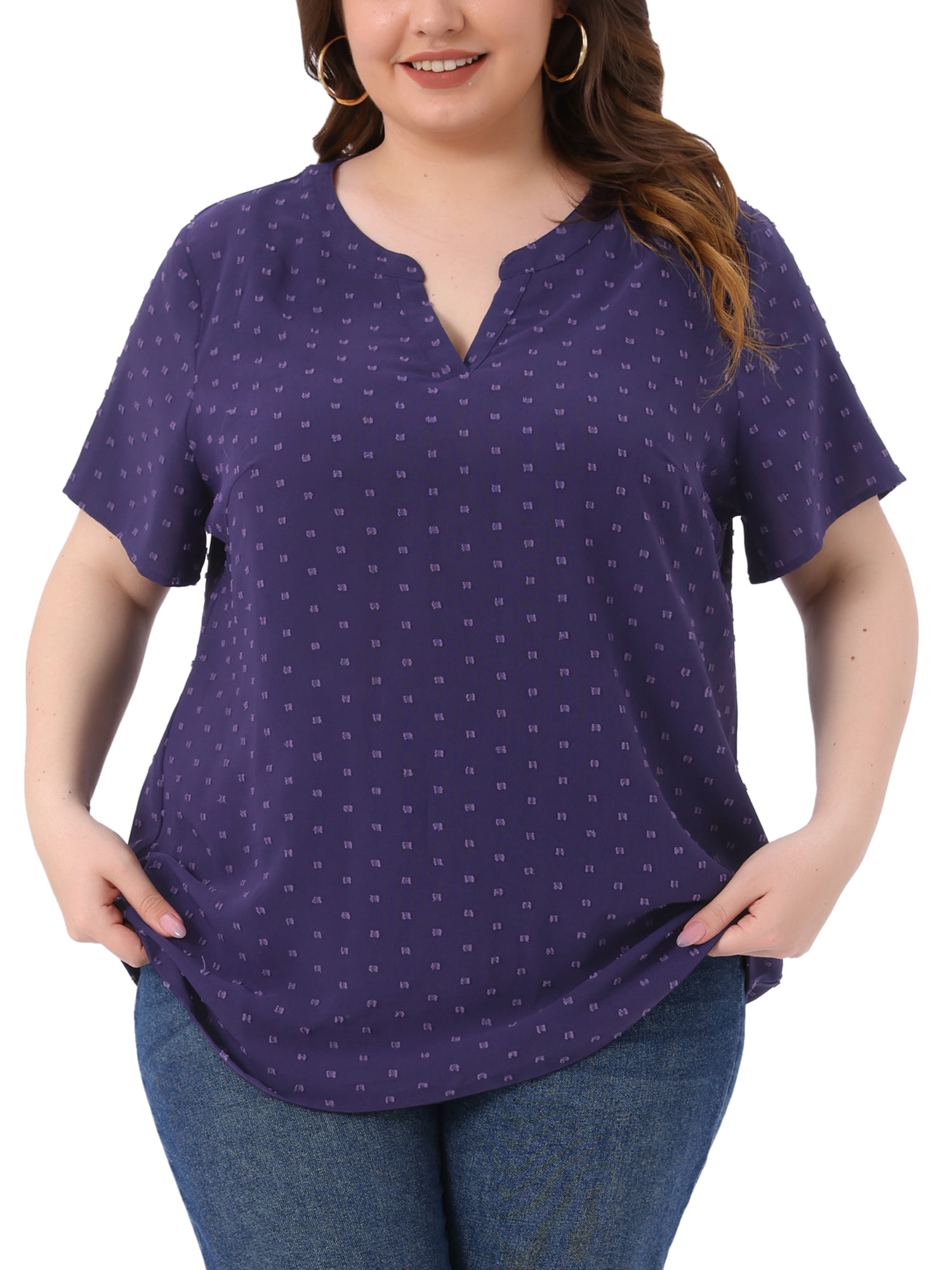 Agnes Orinda Women's Plus Size Tops Swiss Dots Short Sleeve Notched ...