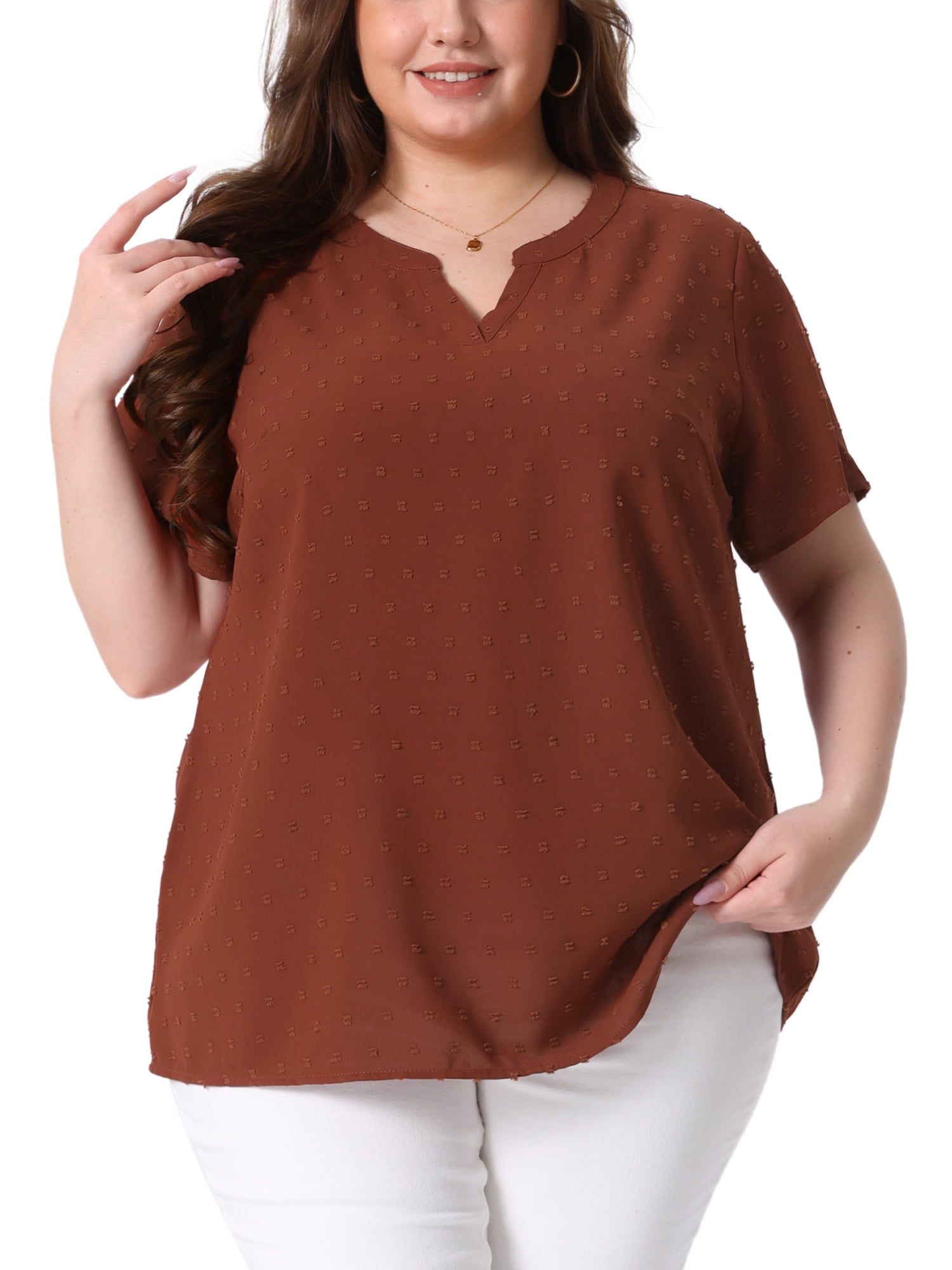 Agnes Orinda Women's Plus Size Tops Swiss Dots Short Sleeve Notched ...