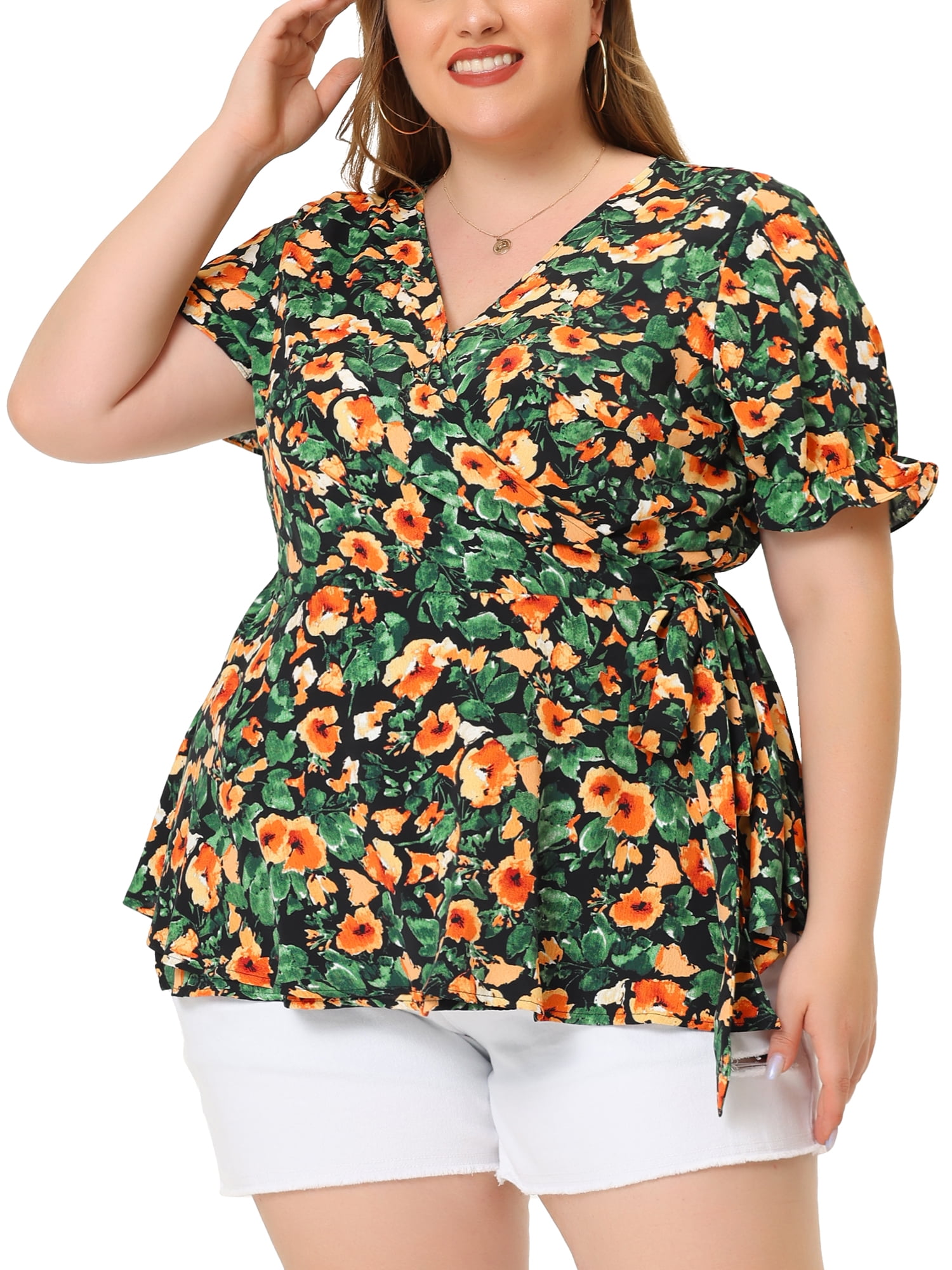 Agnes Orinda Women's Plus Size Summer Tops Outfit Ditsy Colorful Tie ...