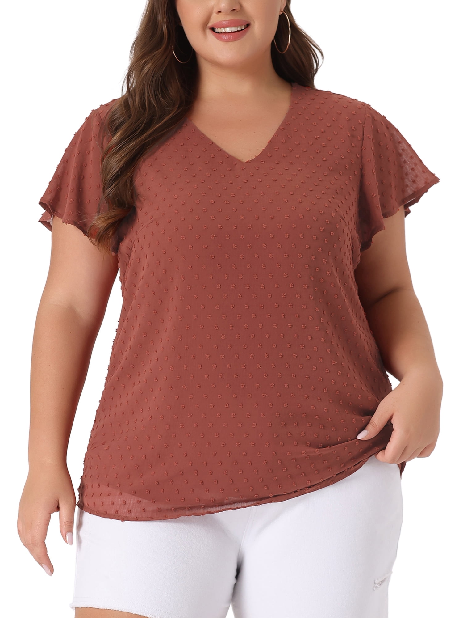 Agnes Orinda Women's Plus Size Summer Tops V Neck Flare Sleeve Swiss ...