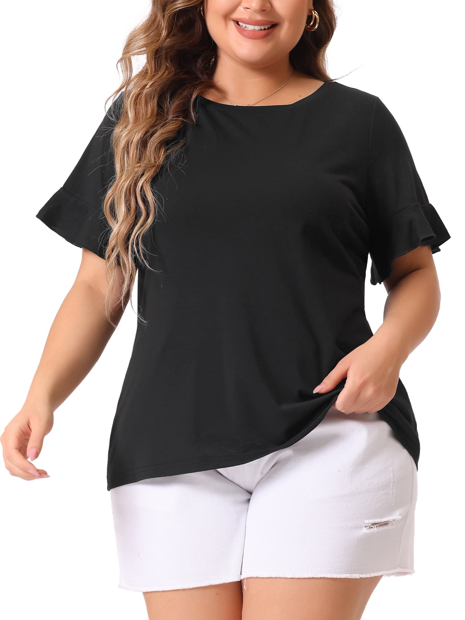 Agnes Orinda Women's Plus Size Tops Round Neck Ruffle Short Sleeve T ...
