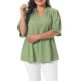 Plus Size Top for Women Ruffled Trim Notch V Neck Puff Sleeves Textured ...