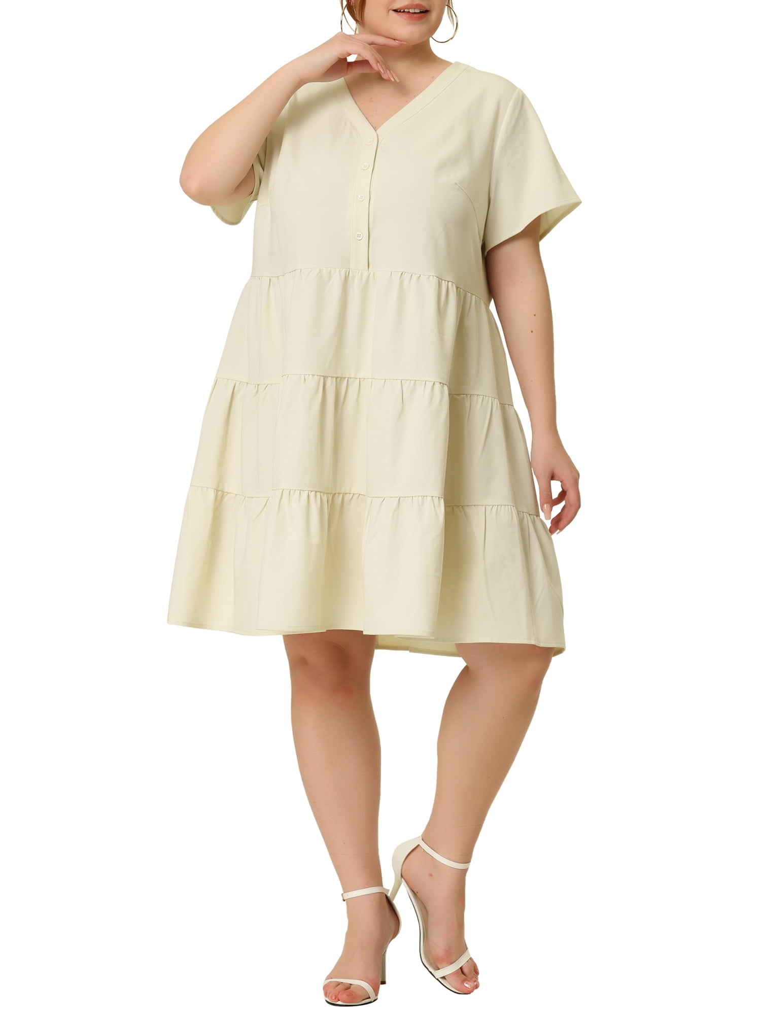 Agnes Orinda Women's Plus Size Tiered Babydoll Short Sleeves Chambray ...