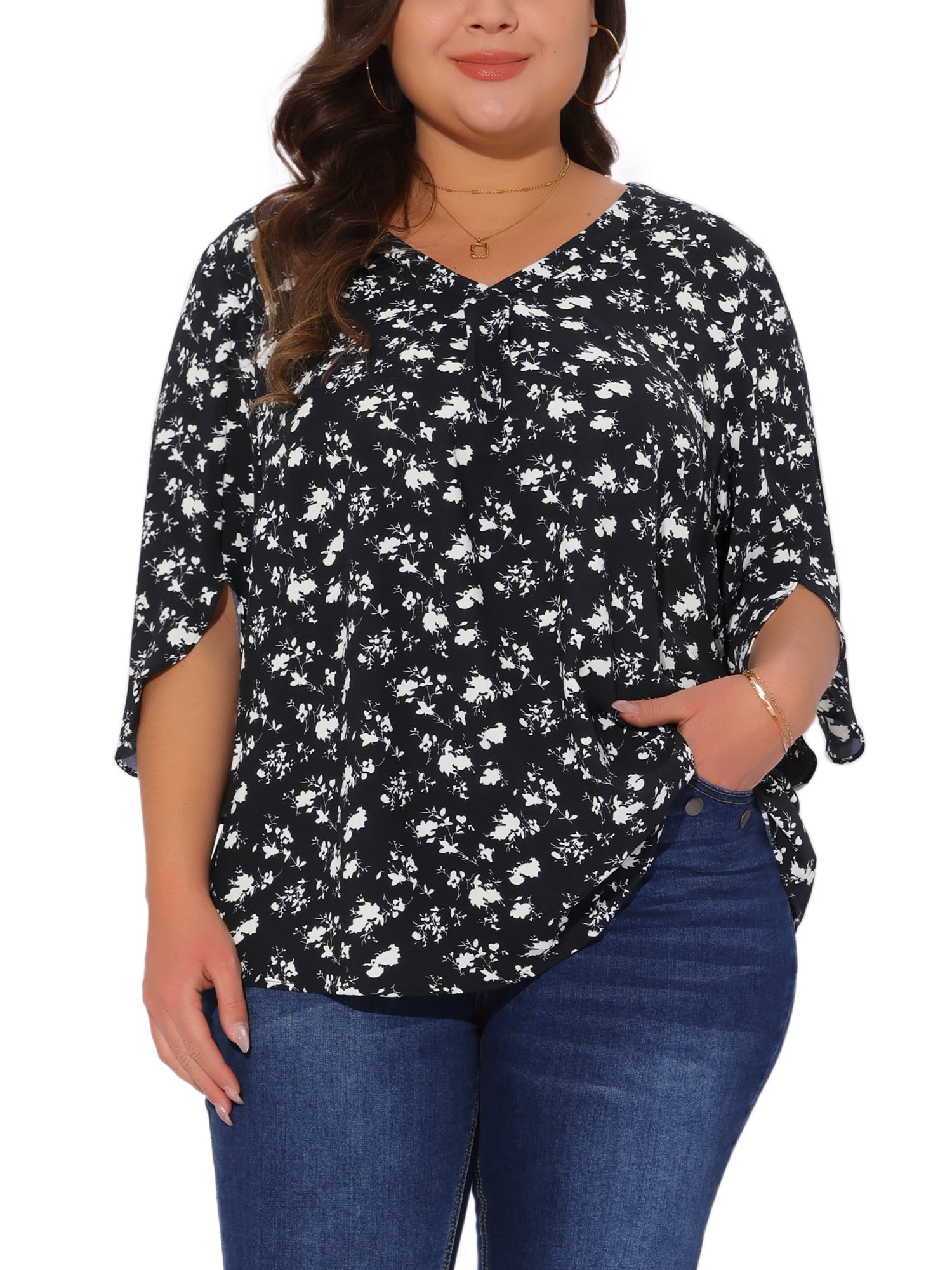 Agnes Orinda Women's Plus Size Chiffon Top V Neck 3/4 Sleeve Summer ...