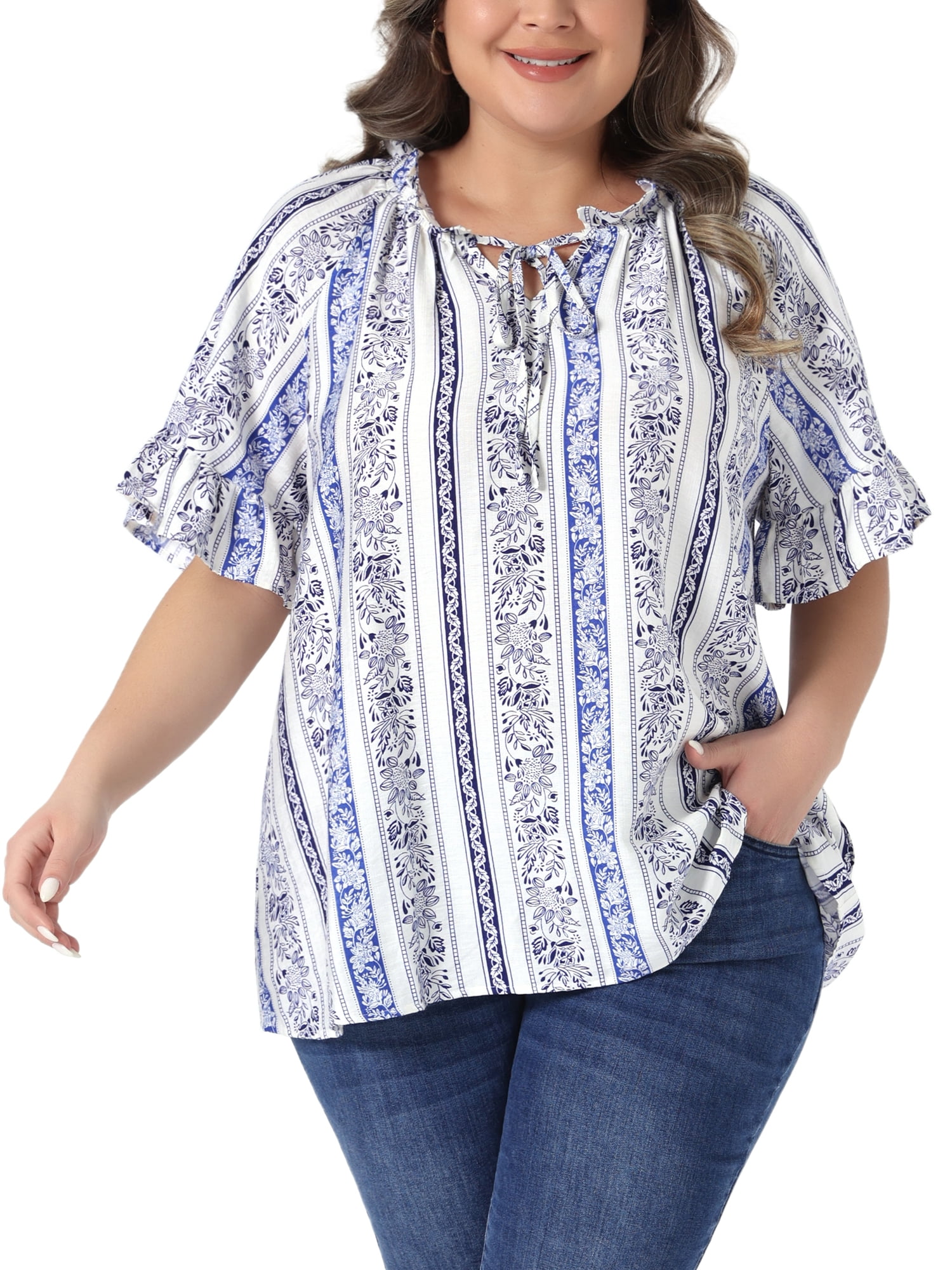 Agnes Orinda Women's Plus Size Top Floral Print Shirts V Neck Flared ...