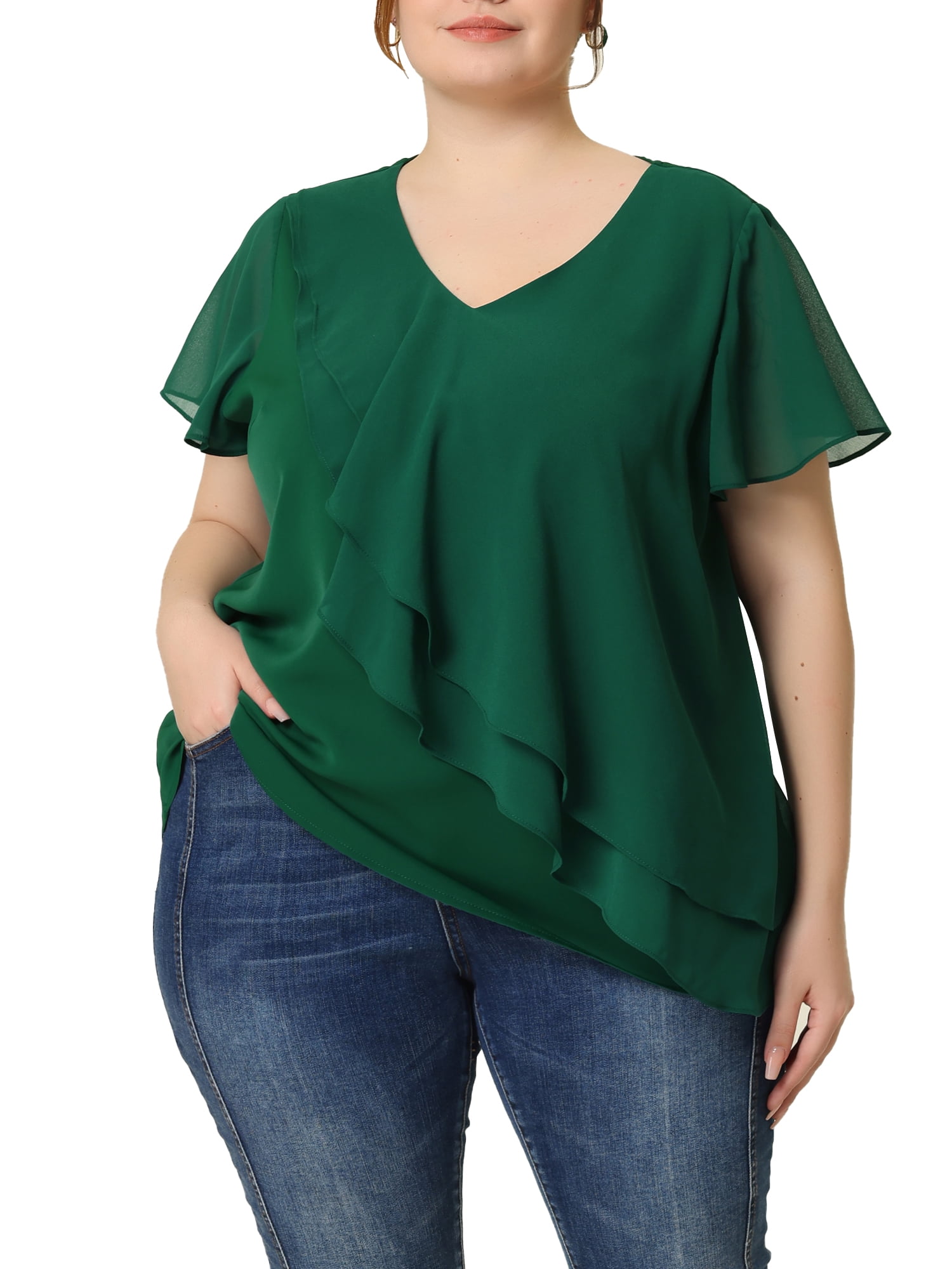 Agnes Orinda Women's Plus Size Top Flutter Sleeve V Neck Layered Ruffle ...