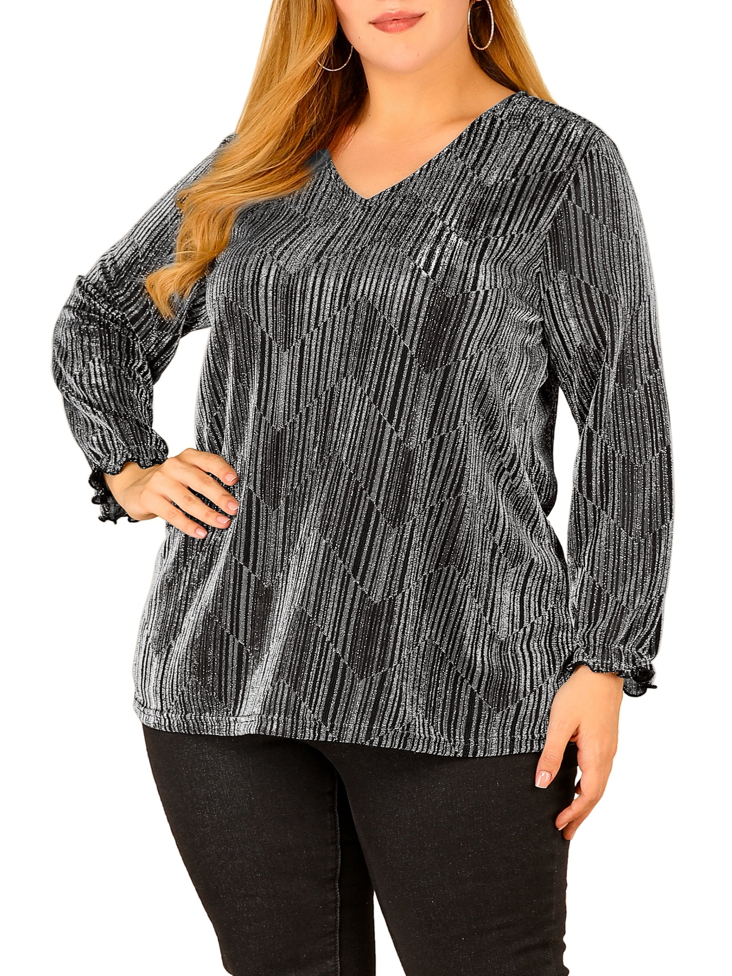 Agnes Orinda Women's Plus Size Top Metallic Party Glitter Long Sleeve ...