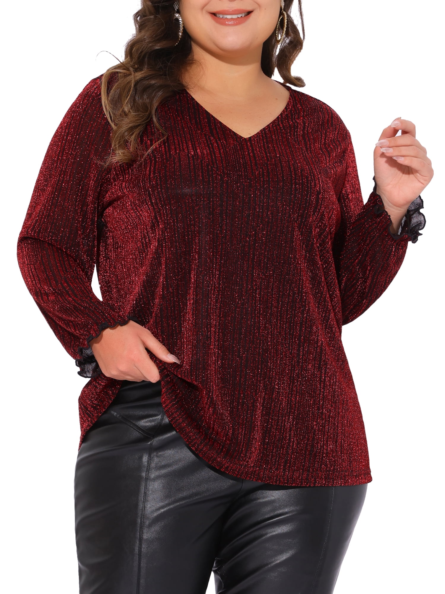 Agnes Orinda Women's Plus Size Top Metallic Party Glitter Long Sleeve ...
