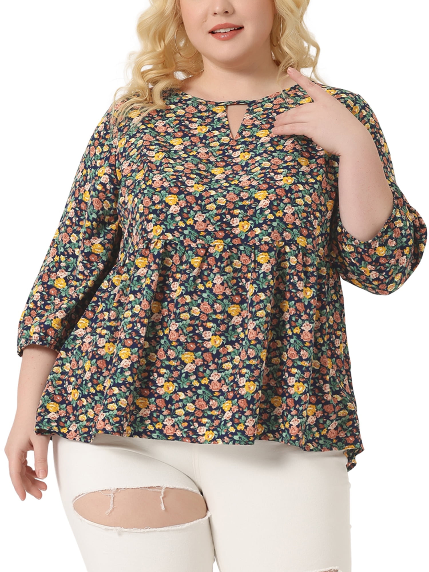 Agnes Orinda Women's Plus Size Tops Babydoll Keyhole Ruffle 3/4 Sleeve ...