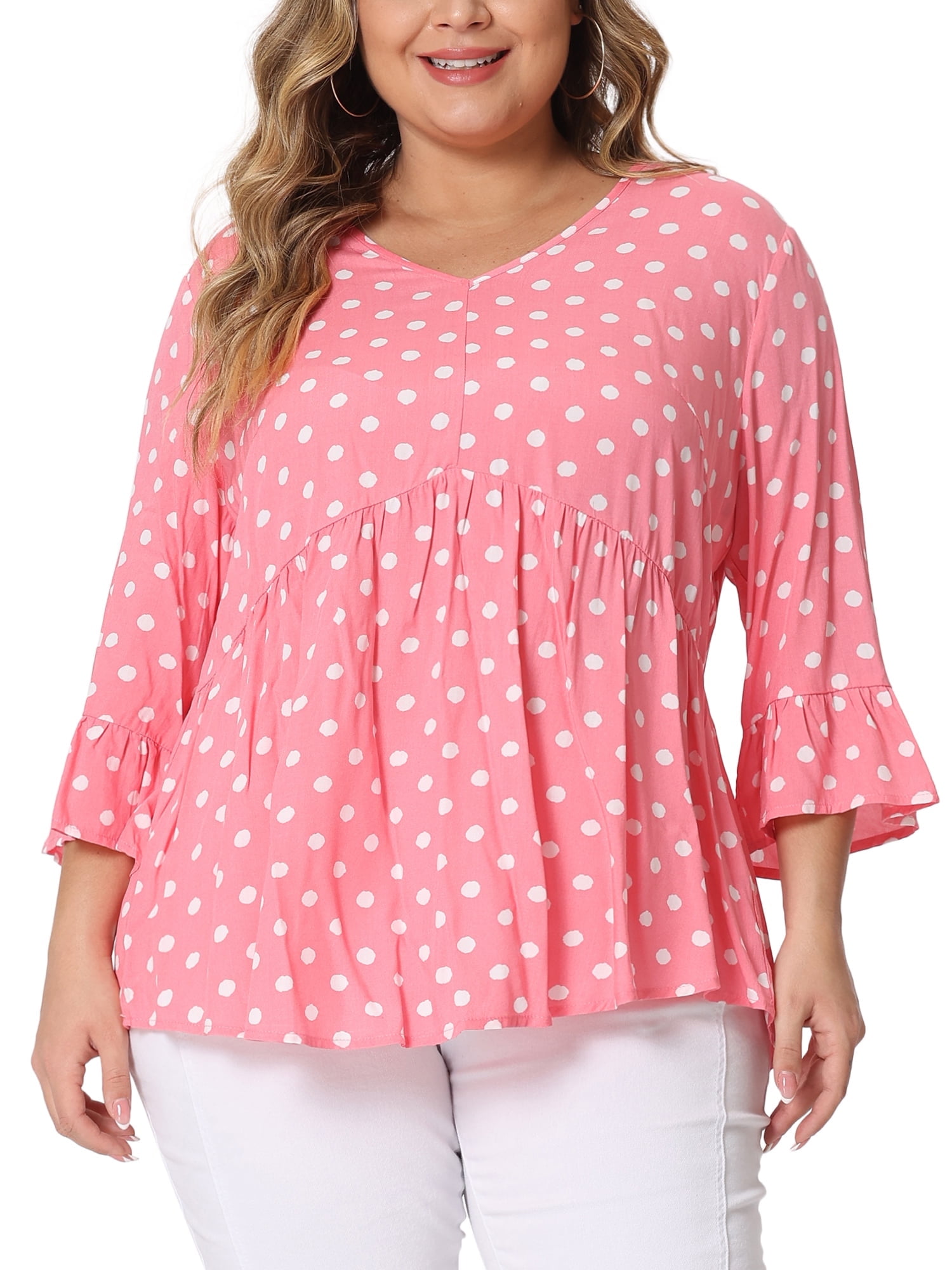 GRACE & GRANDEUR Women's Plus Size Tops 3/4 Sleeve V Neck Peplum Hem ...