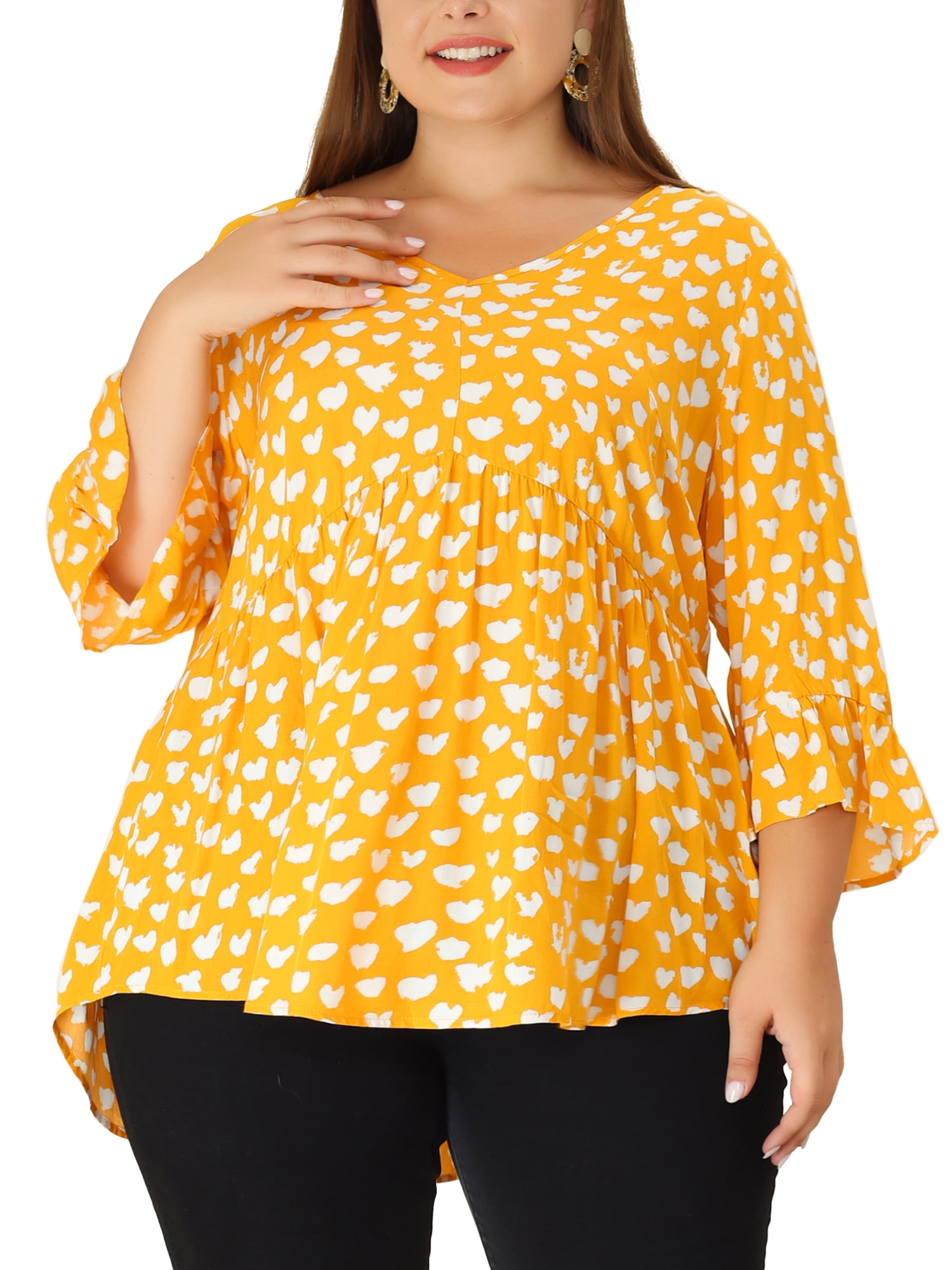 GRACE & GRANDEUR Women's Plus Size Tops Polka Dots V Neck 3/4 Sleeves ...