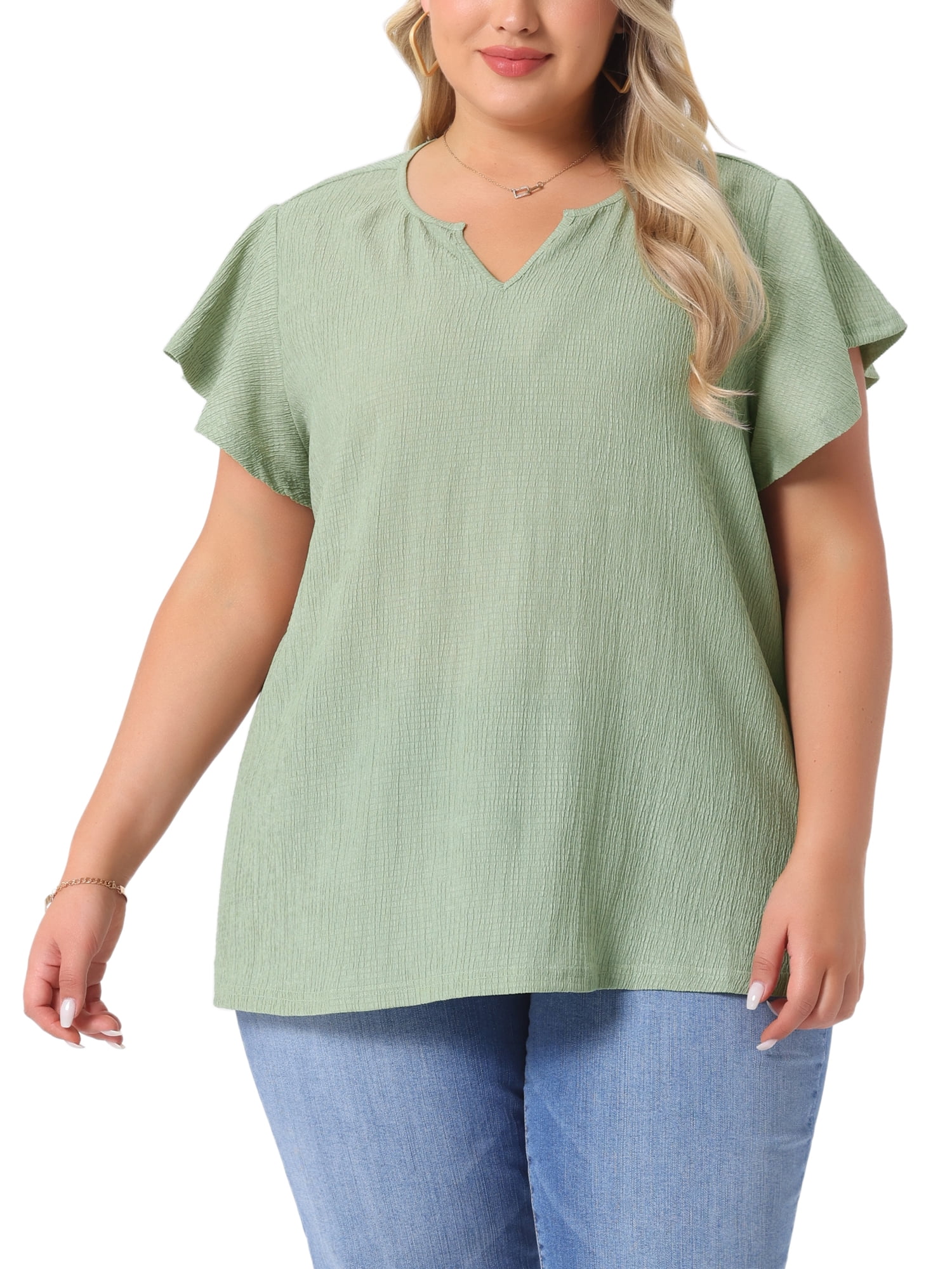 Agnes Orinda Women's Plus Size Tops Texture Notched V Neck Ruffle ...