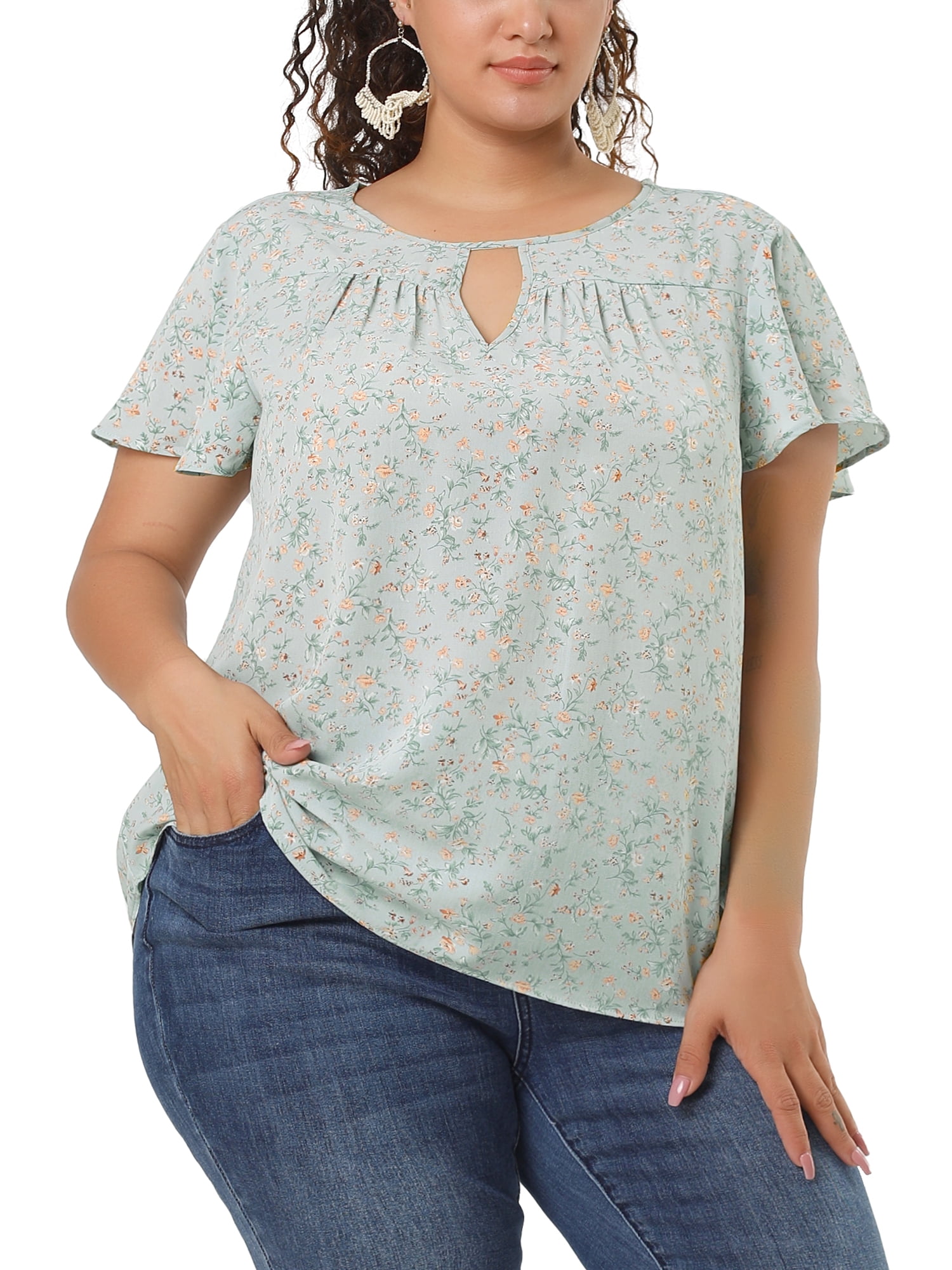 Agnes Orinda Women's Plus Size Shirts Chiffon Tops Keyhole Flared Short ...