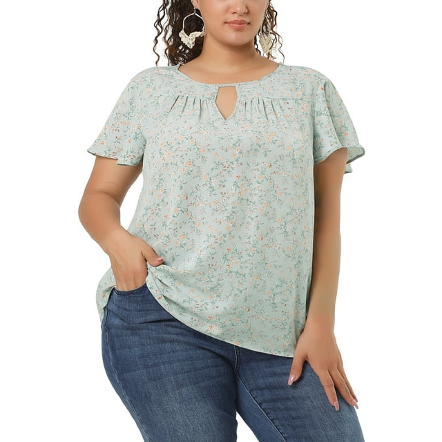 Agnes Orinda Women's Plus Size Shirts Chiffon Tops Keyhole Flared Short ...