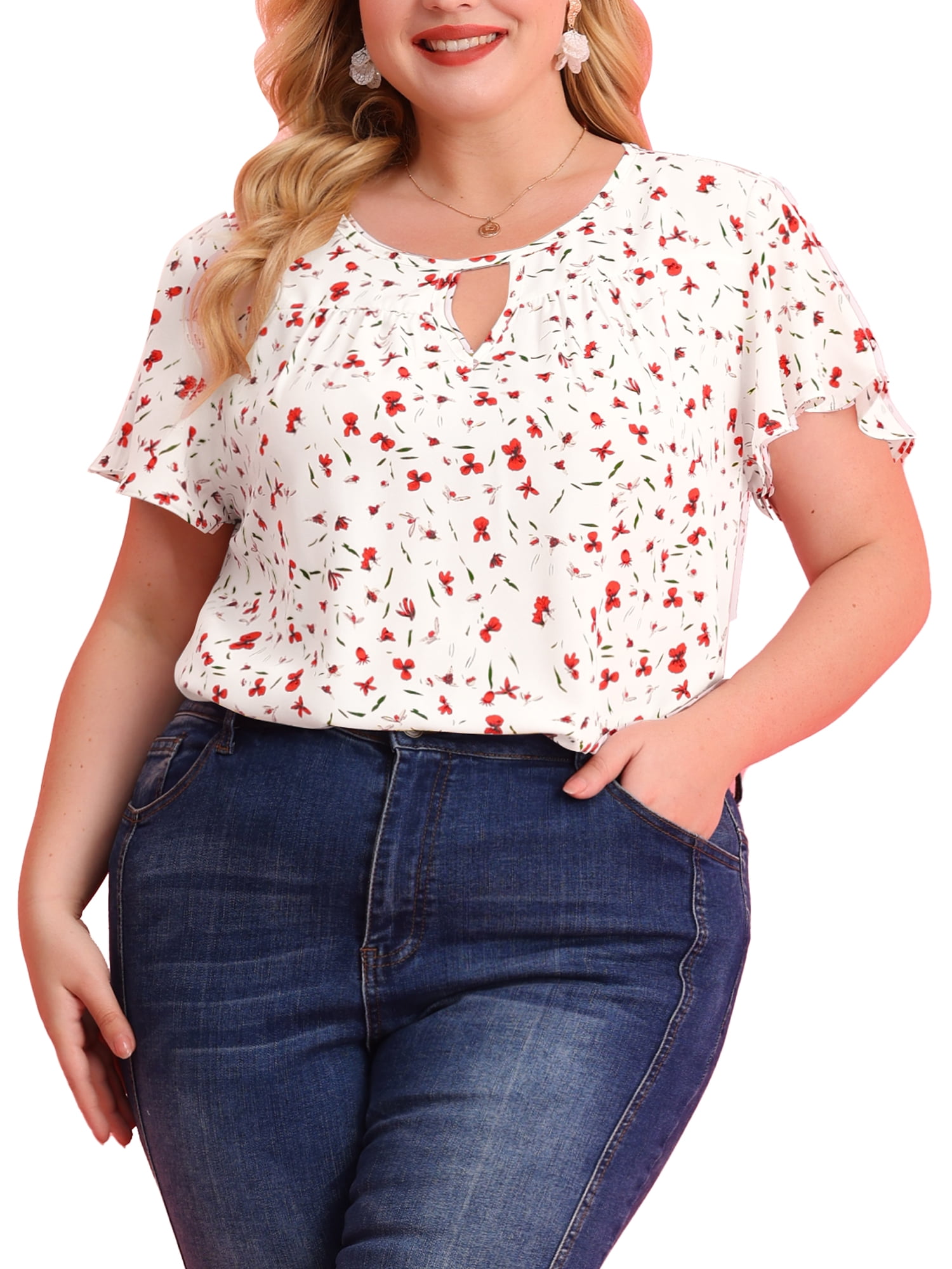 Agnes Orinda Women's Plus Size Shirts Chiffon Tops Keyhole Flared Short ...