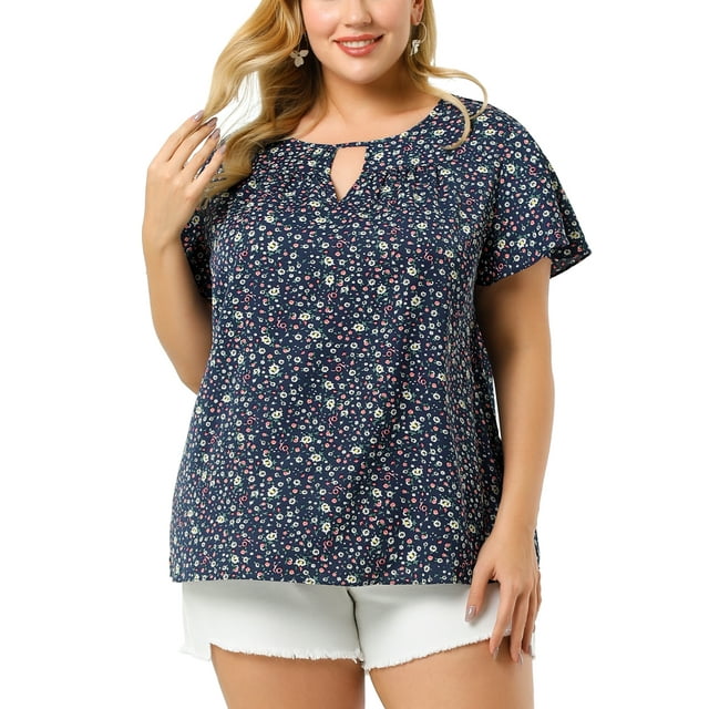 Agnes Orinda Women's Plus Size Shirts Chiffon Tops Keyhole Flared Short ...