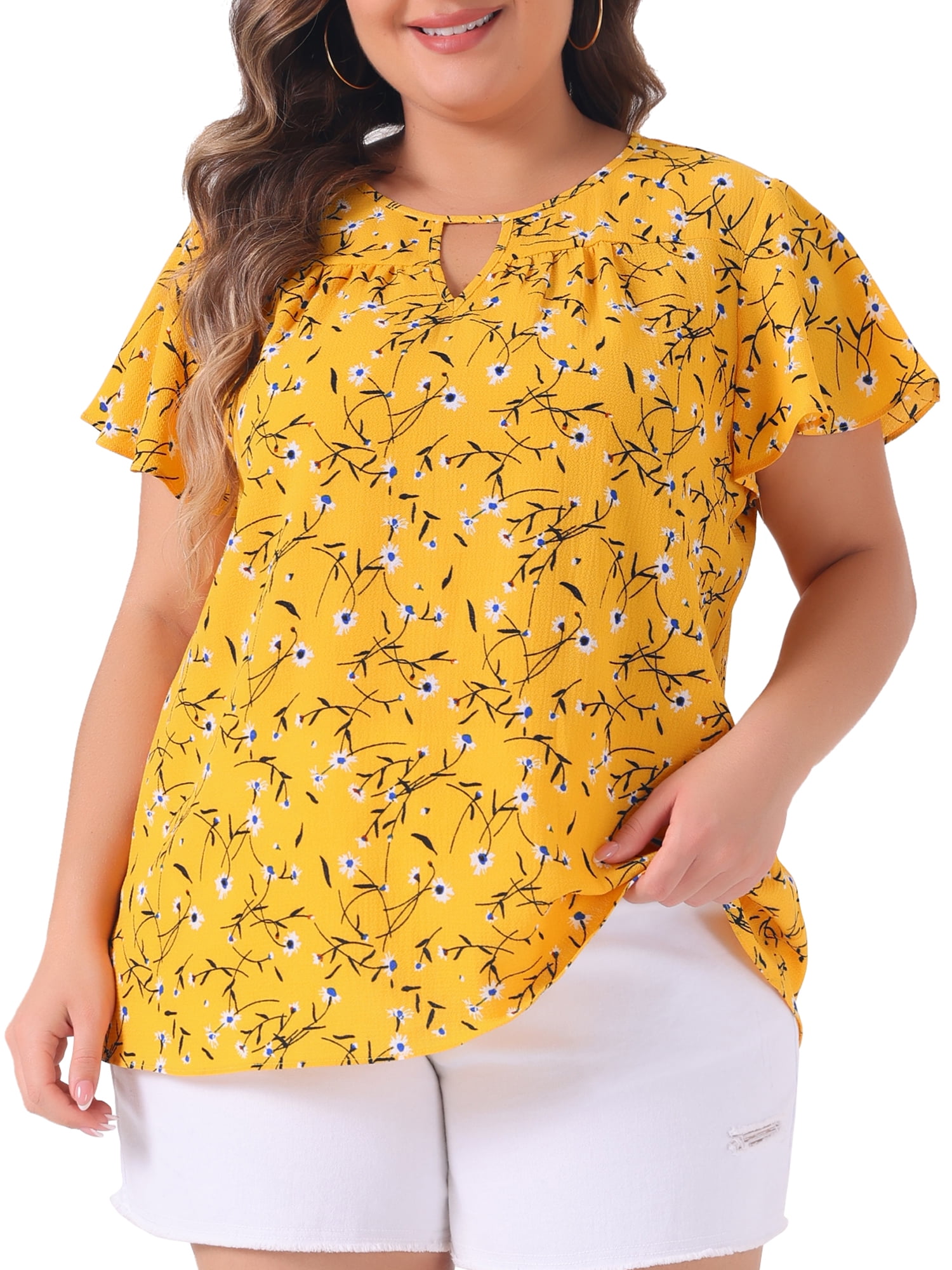 Agnes Orinda Women's Plus Size Shirts Chiffon Tops Keyhole Flared Short ...