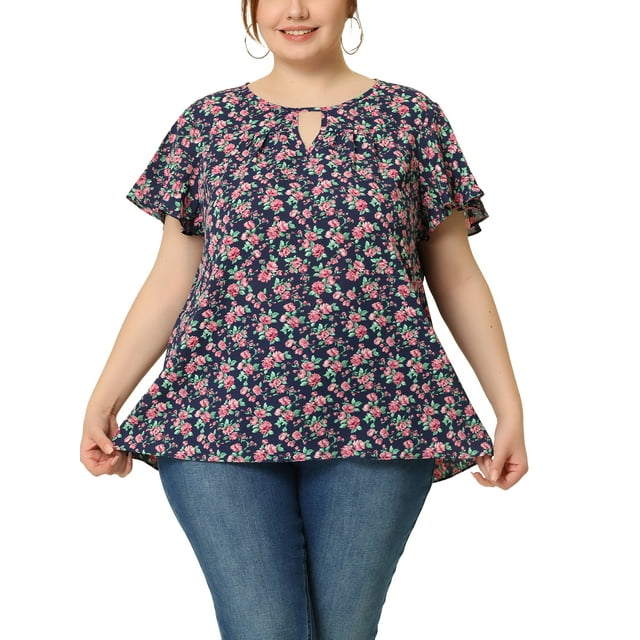 Agnes Orinda Womens Plus Size Floral Chiffon Tops Keyhole Flared Short