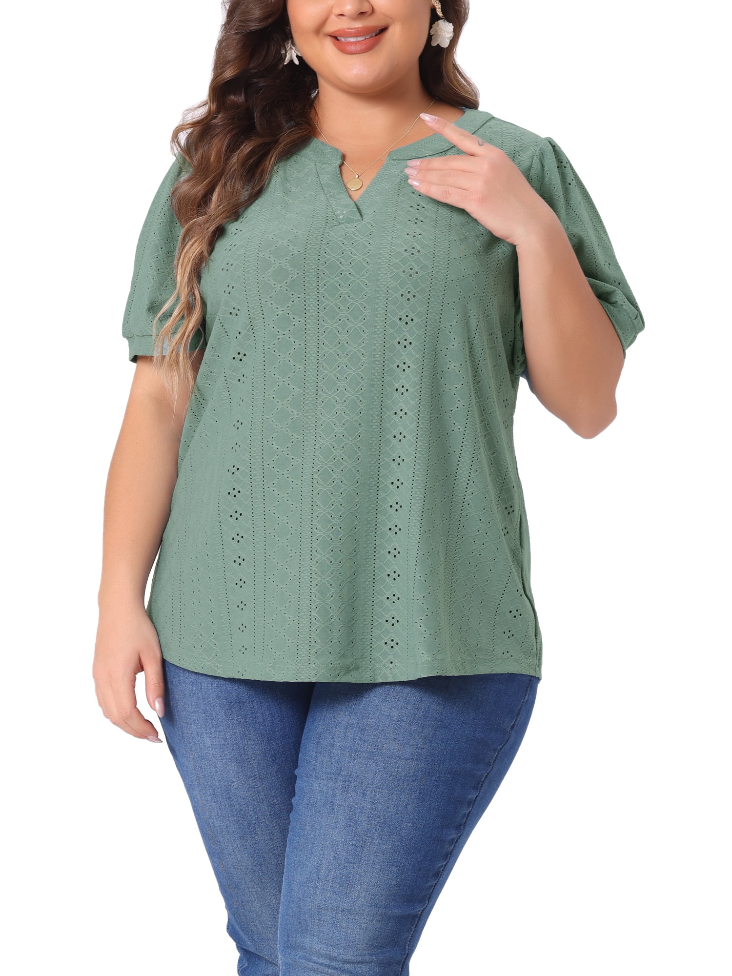 Agnes Orinda Women's Plus Size Tops Hollow Casual V Neck Short Sleeves ...