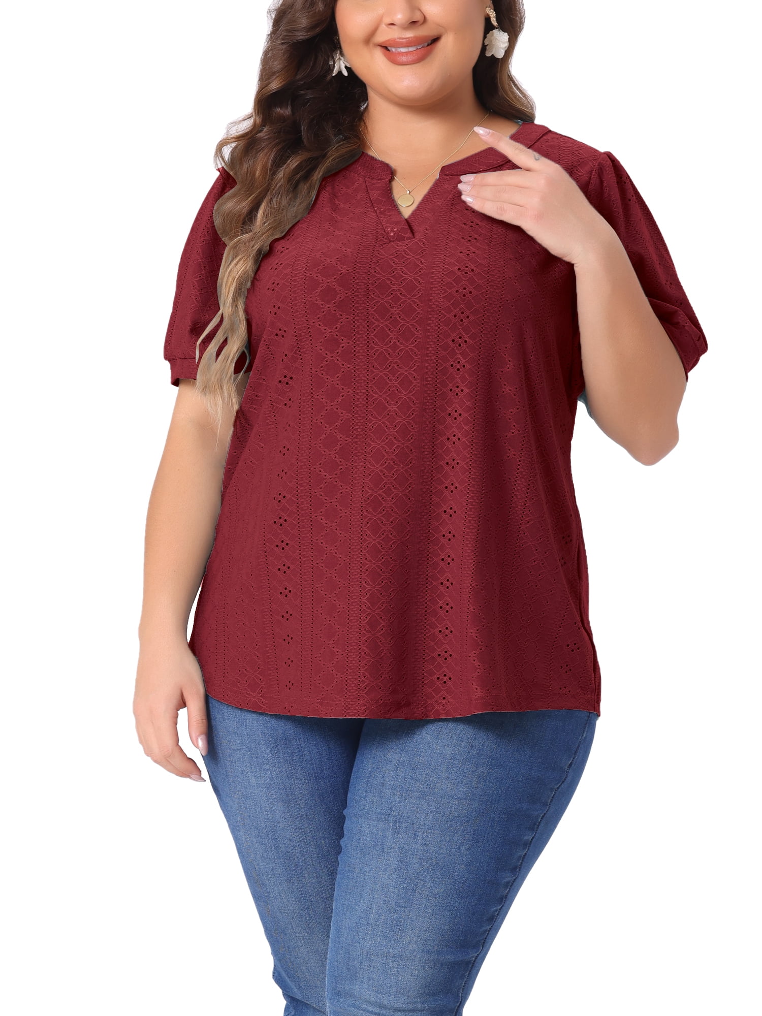 Agnes Orinda Women's Plus Size Tops Hollow Casual V Neck Short Sleeves ...