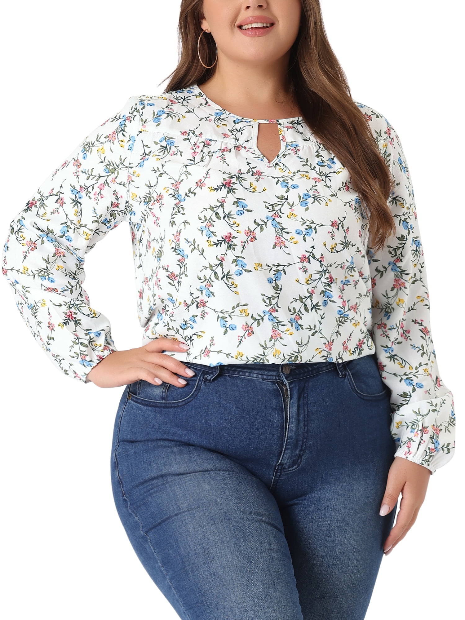 Agnes Orinda Women's Plus Size Tops Keyhole Neck Long Sleeve Floral ...
