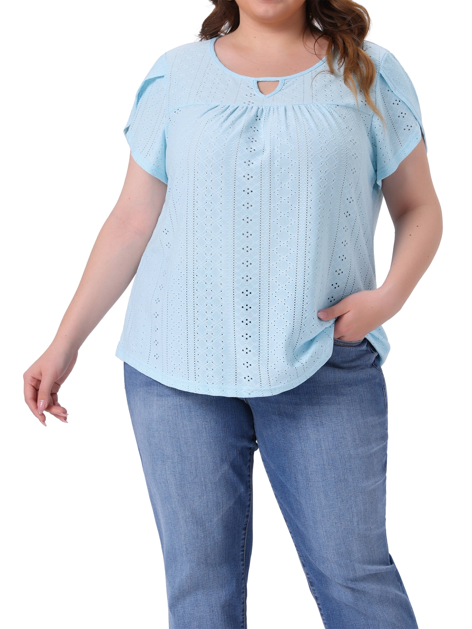Agnes Orinda Women's Plus Size Tops Keyhole Crew Neck Petal Sleeve ...