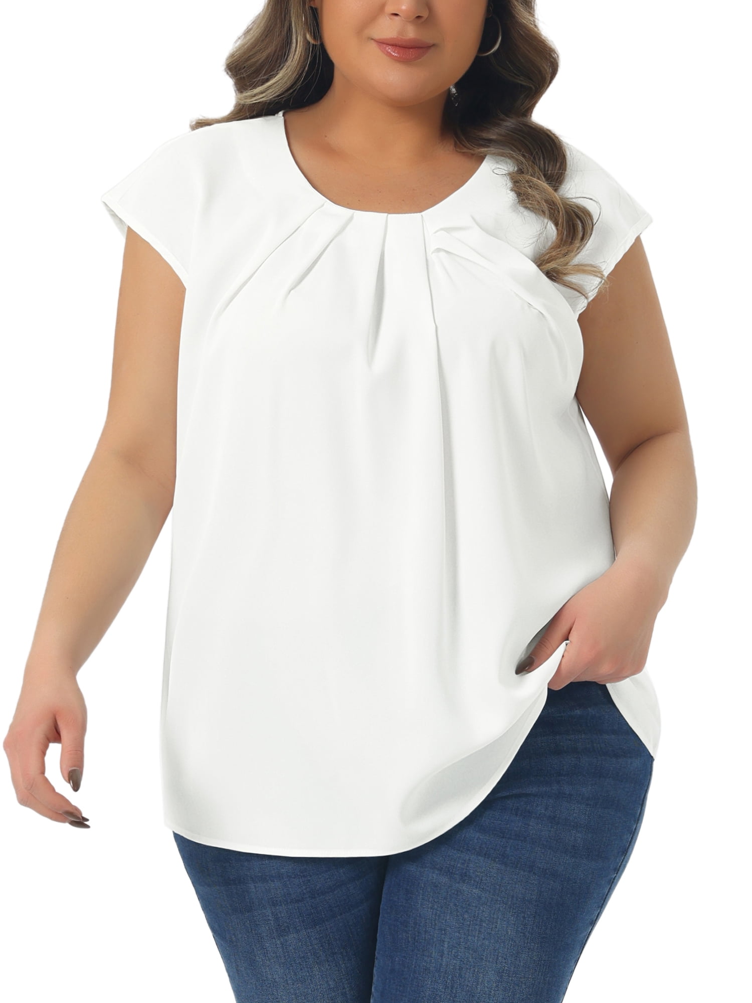 Agnes Orinda Women's Plus Size Tops Pleated Crew Neck Short Sleeve ...