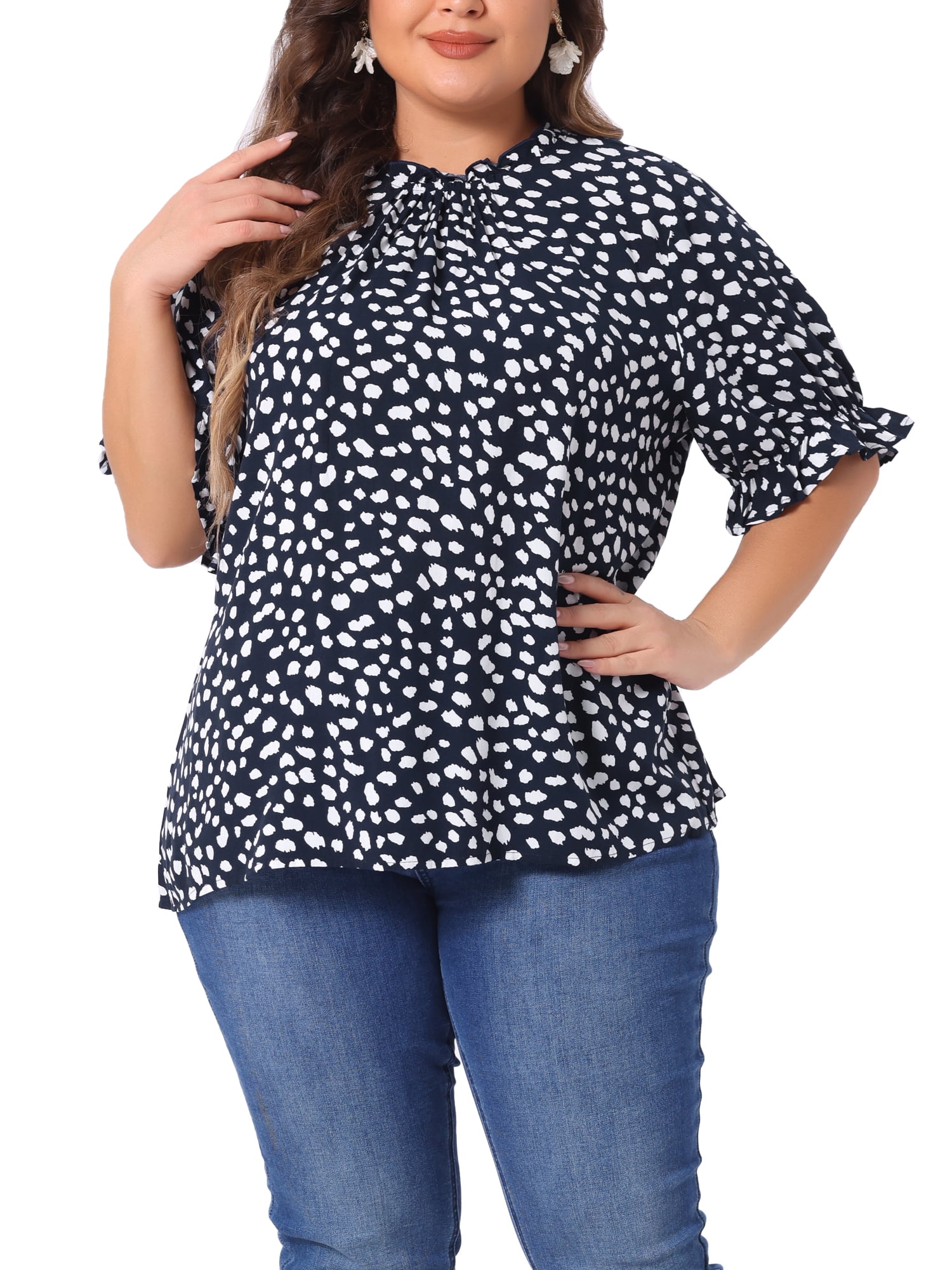 Agnes Orinda Women's Plus Size Tops Polka Dots Ruffle Hem Short Sleeve ...