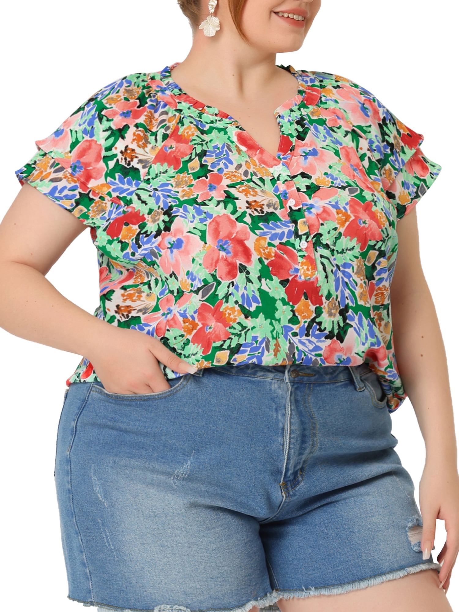 Agnes Orinda Women's Plus Size Tops Retro Floral V Neck Tiered Short ...