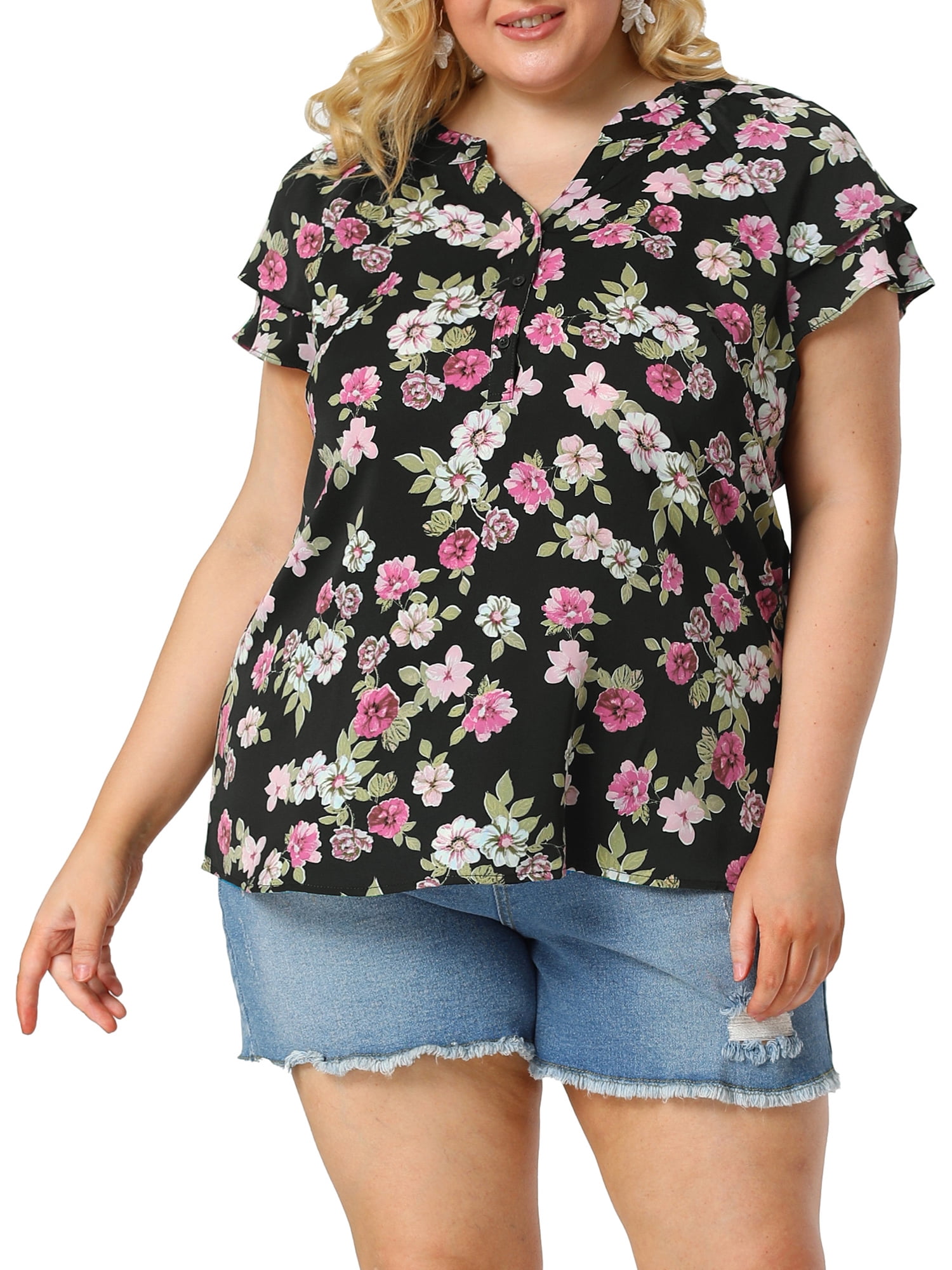 Agnes Orinda Women's Plus Size V Neck Floral Blouse, Lightweight, Short ...
