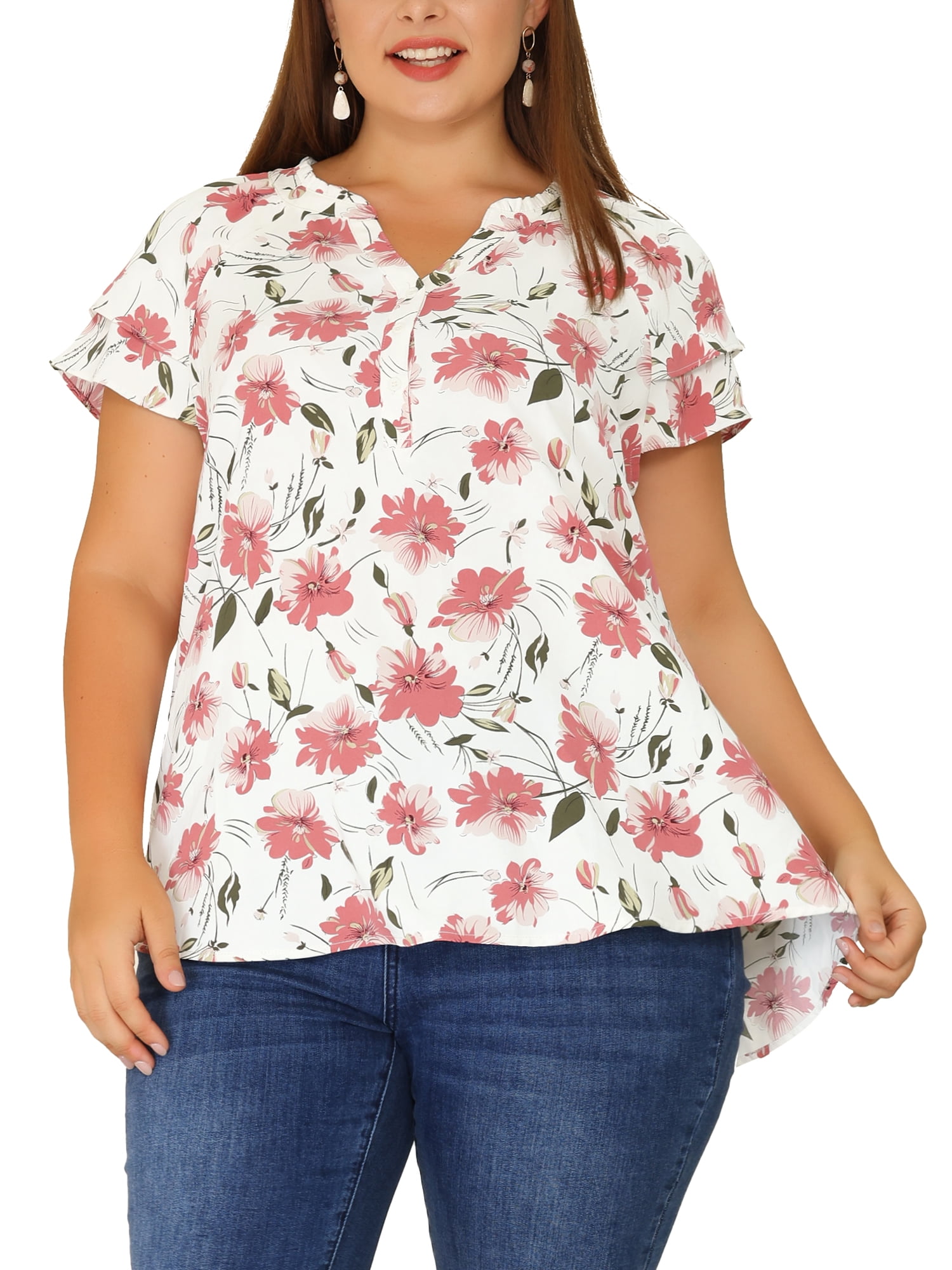 Agnes Orinda Womens Plus Size Tops Retro Floral V Neck Tiered Short