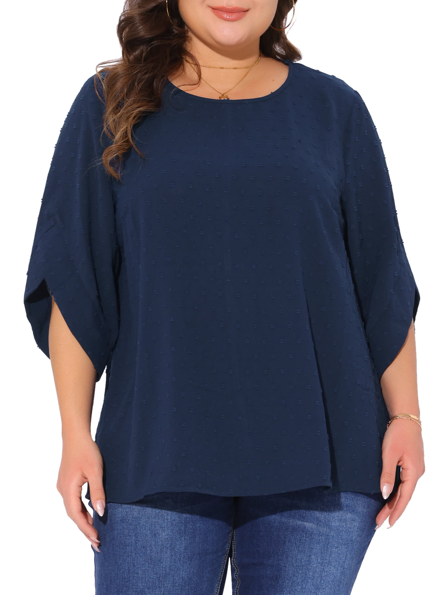 Agnes Orinda Women's Plus Size Swiss Dots Tops Petal Sleeve Curved Hem ...