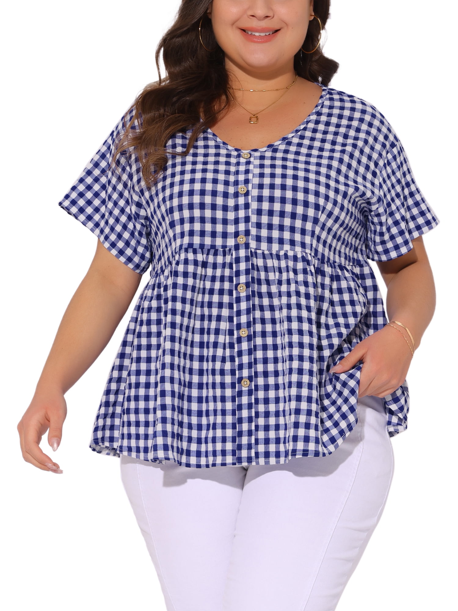 Agnes Orinda Women's Plus Size Gingham Tops Plaid Peplum Button Decor V ...